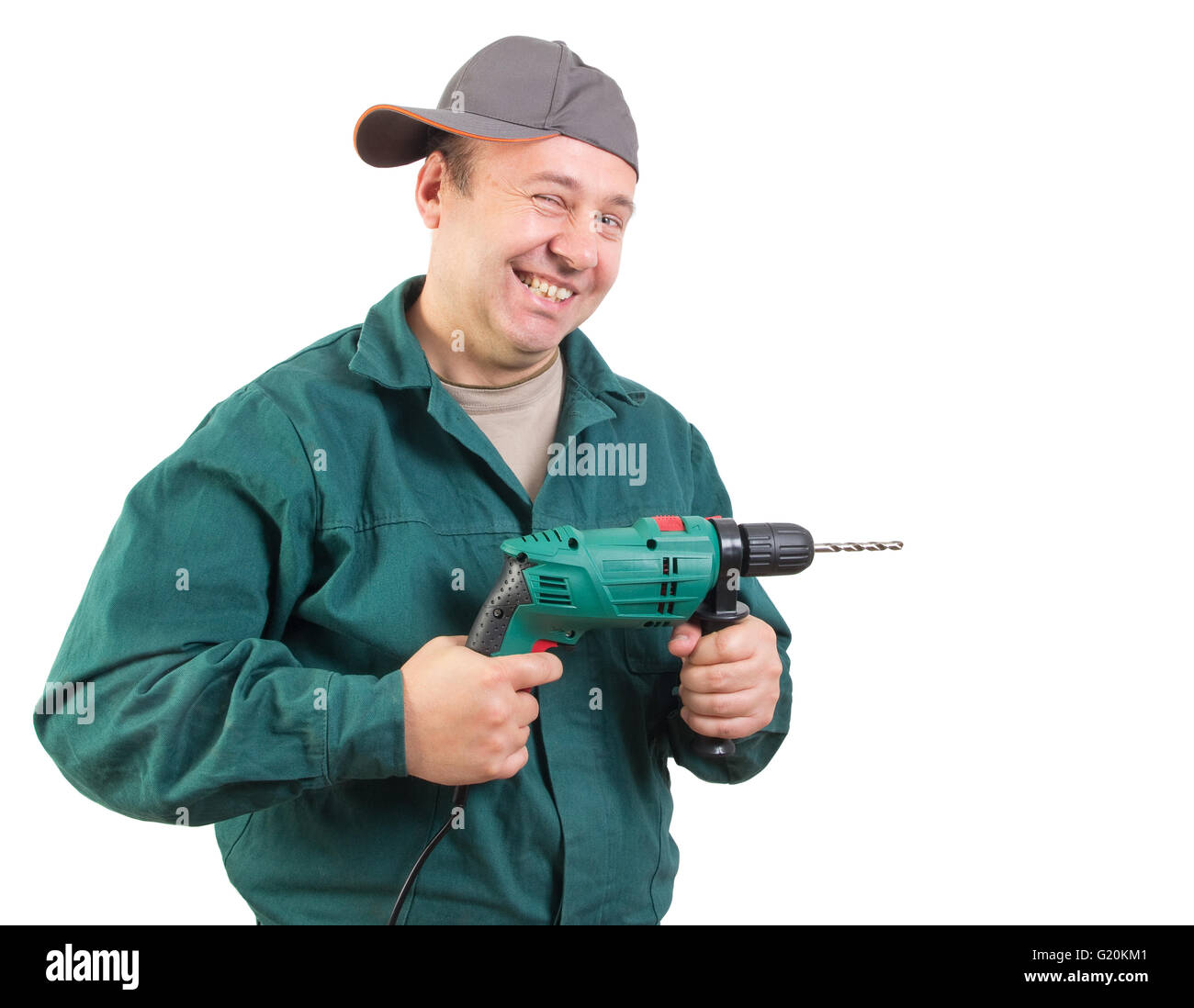 funny workman holding a drill, clipping paths included Stock Photo - Alamy