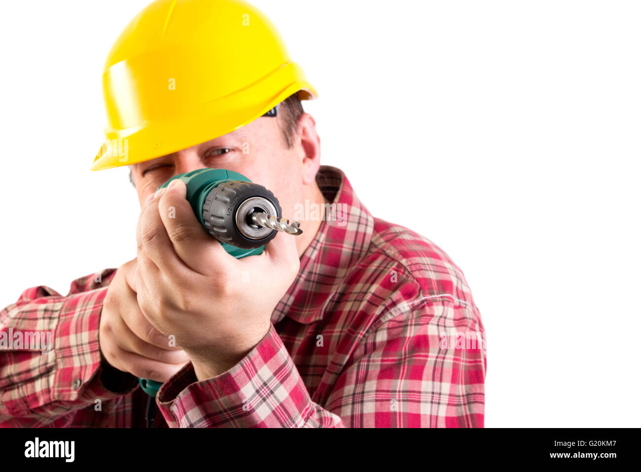 man with a drill isolated on white background, focus on drill bit Stock ...