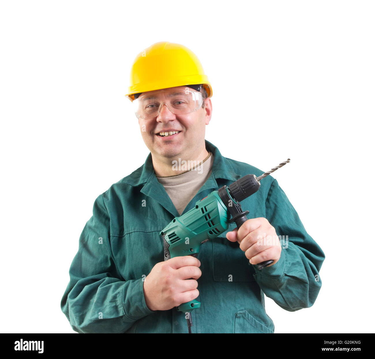 smiling workman with a drill, isolated on white background with ...
