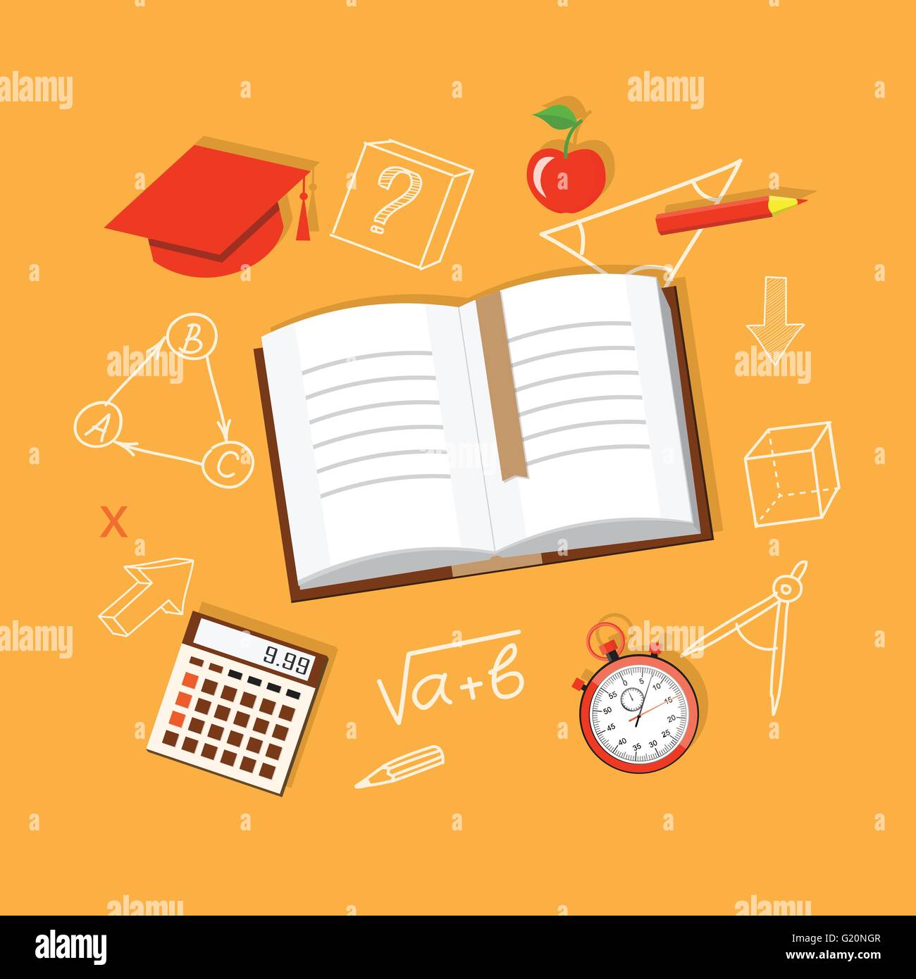 Flat design vector learning icons and hand drawn symbols on yellow ...