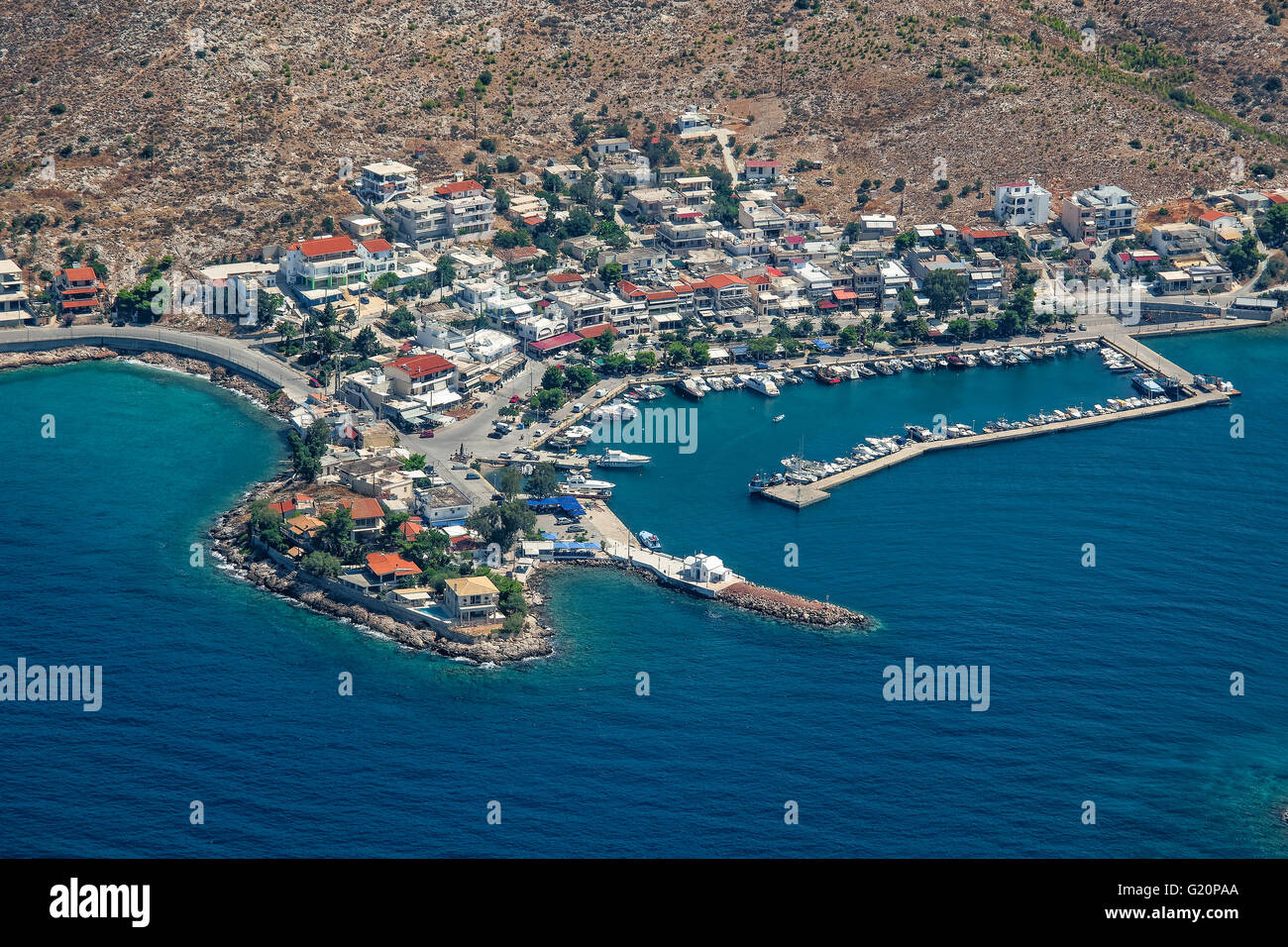 Aerial view of village and port of Pachi, near Megara, Athens, Greece ...