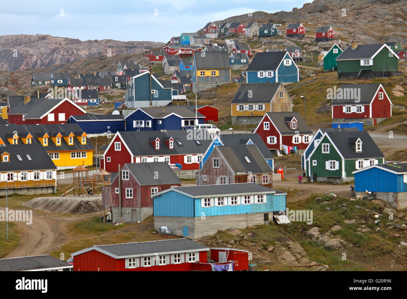 General view of the Inuit village of Tasilaaq, East Greenland Stock ...