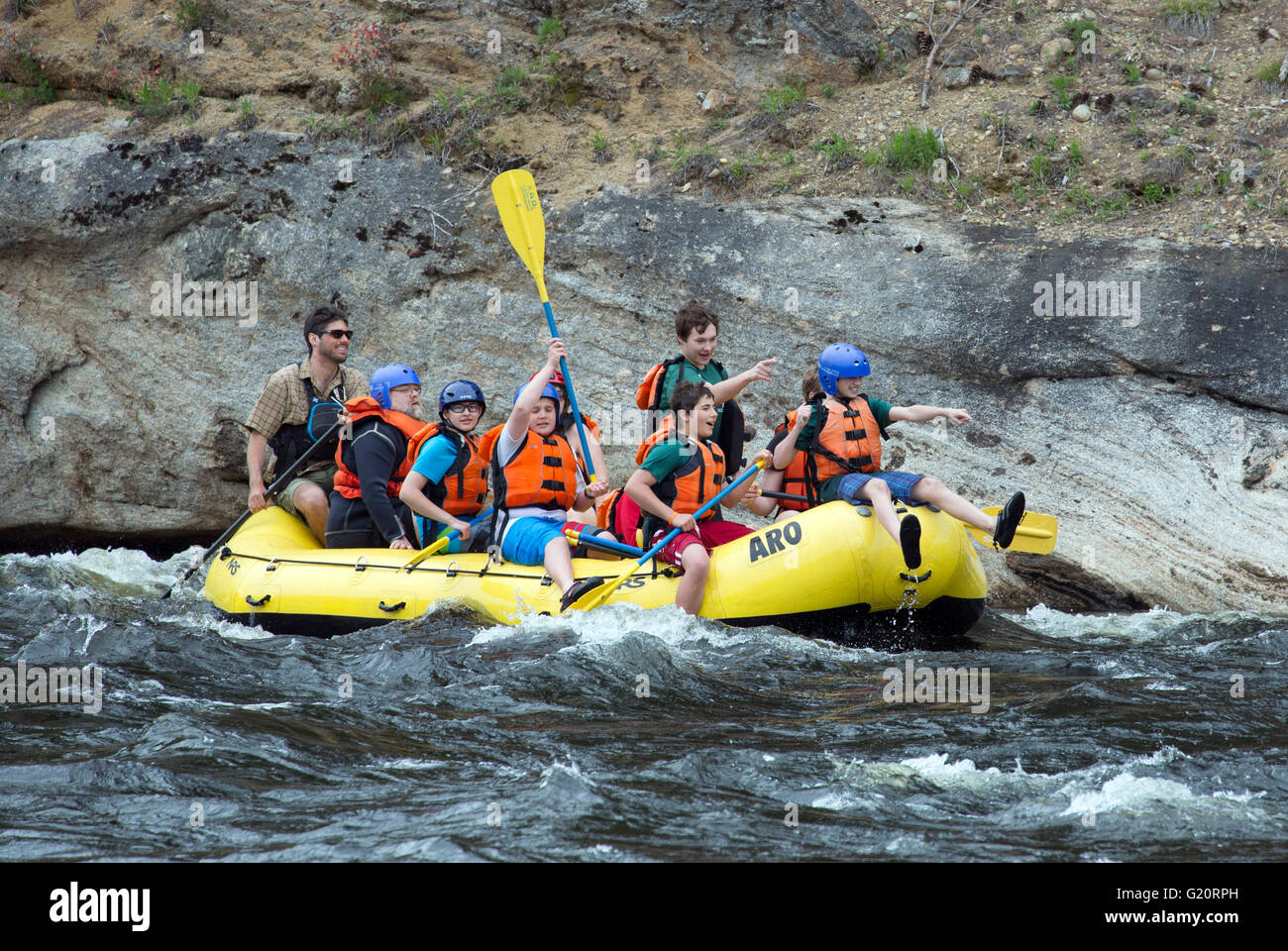 Family and friends on a river rafting trip Stock Photo - Alamy