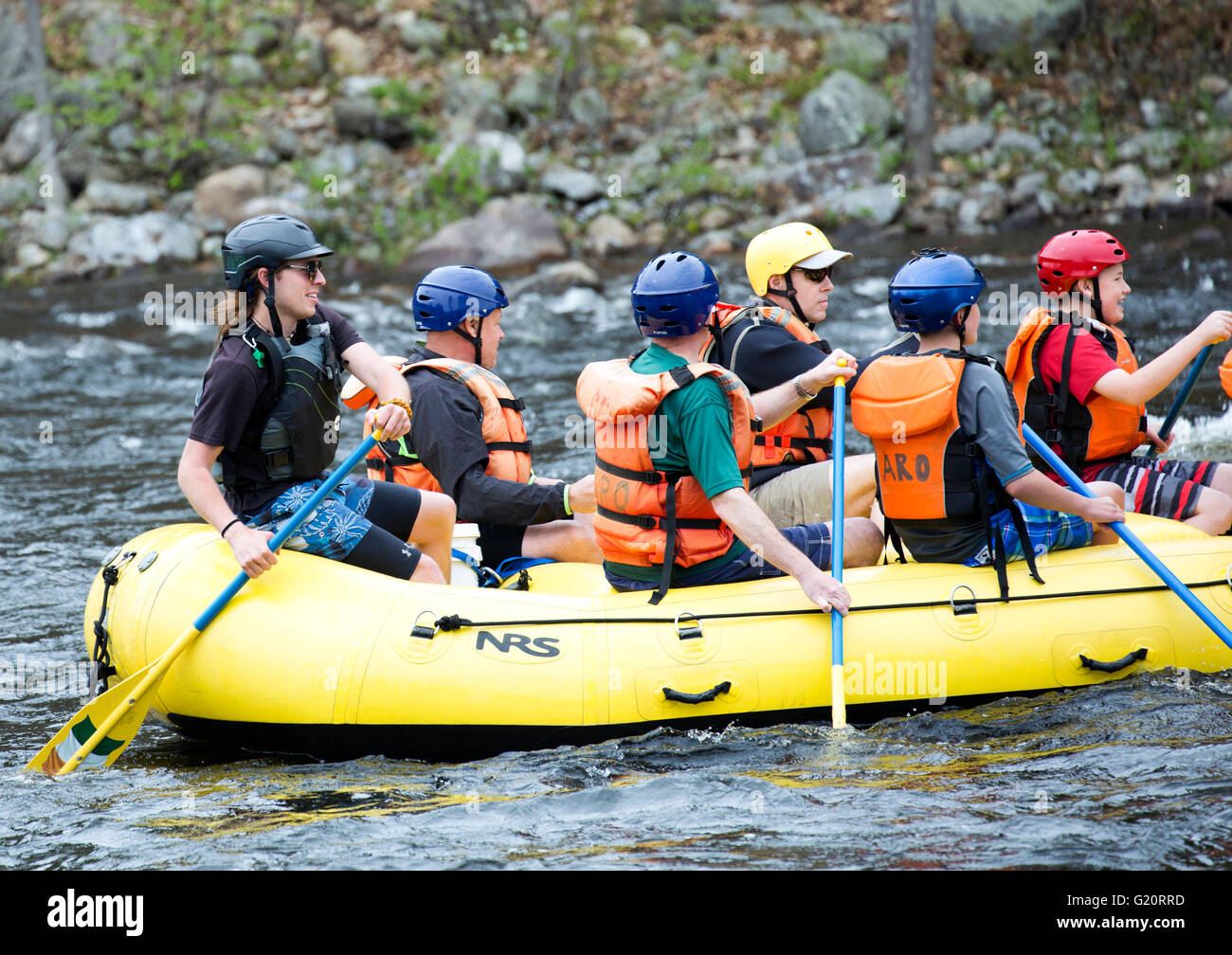 Family and friends on a river rafting trip Stock Photo - Alamy