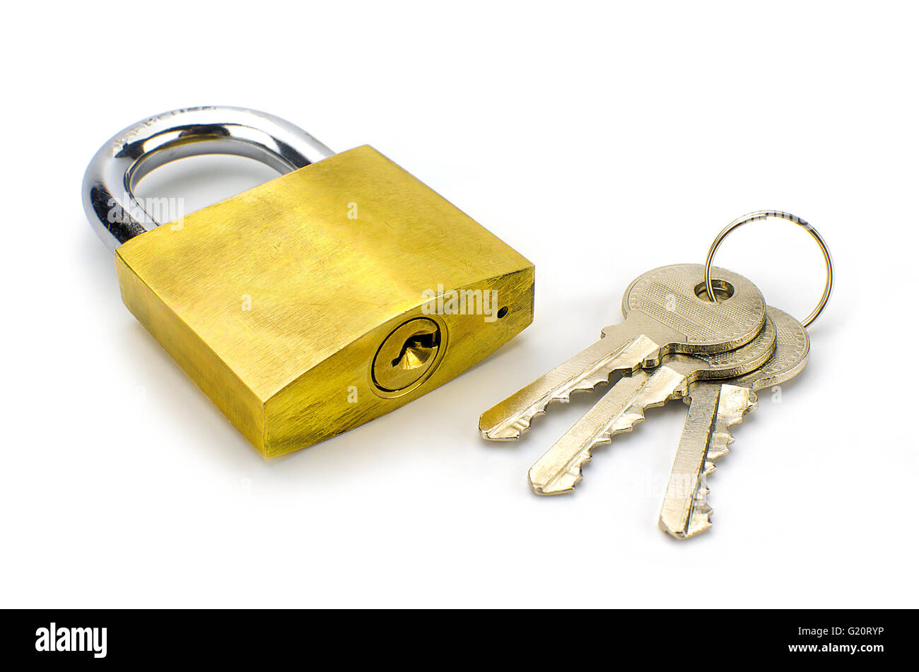 Unlocked padlock with the key on white background Stock Photo - Alamy
