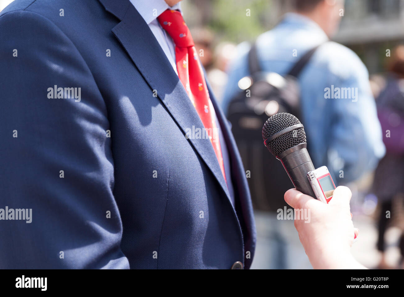 Media interview with politician or businessman. Press conference Stock ...