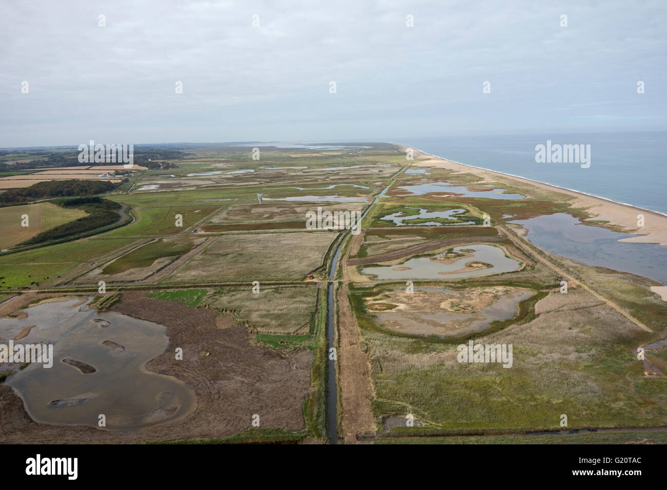 Aerial view of Pope's Marsh at Salthouse Norfolk showing newly created ...
