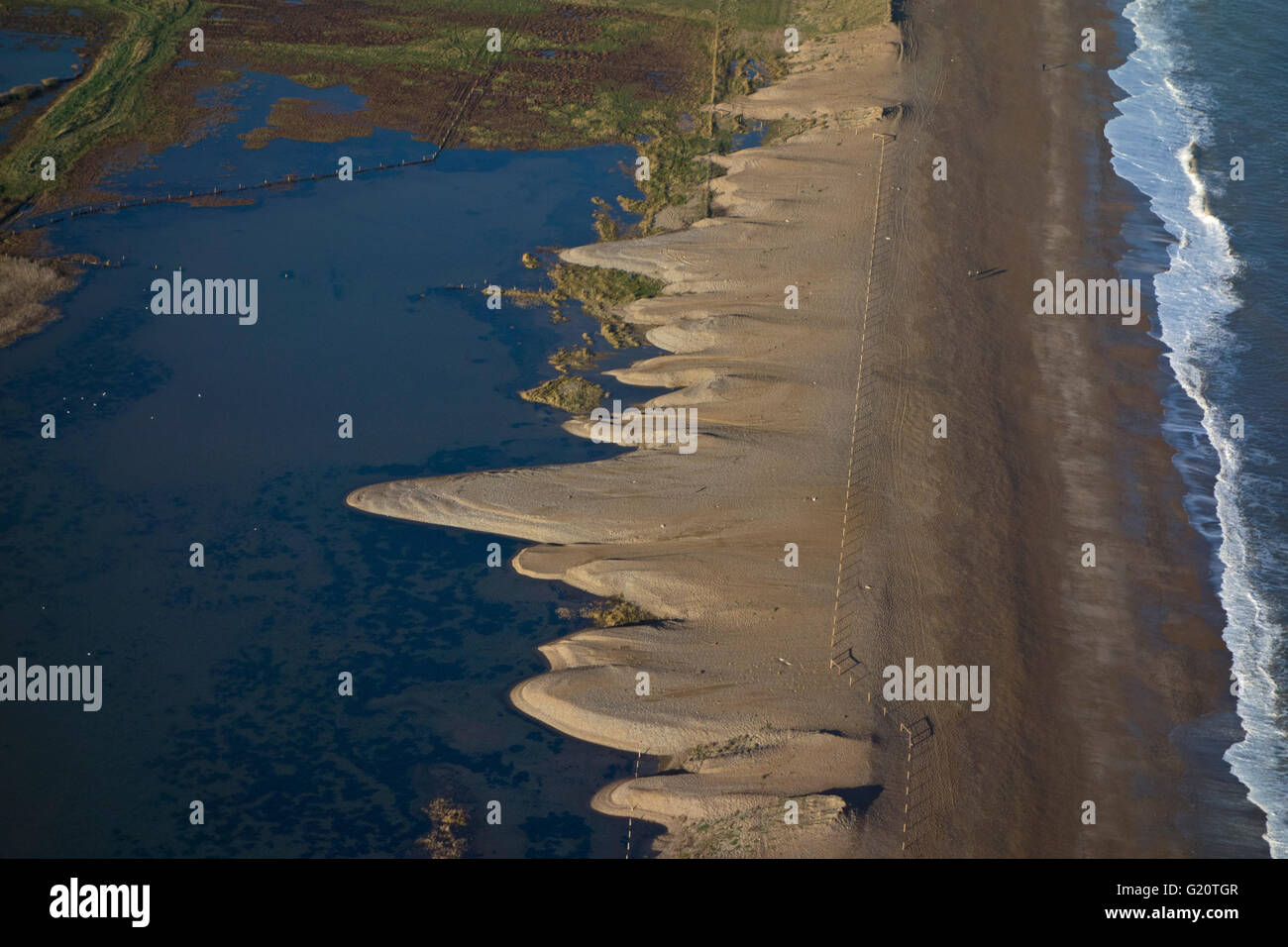 Aerial view of shingle spits created by North Sea Surge on 5th December ...