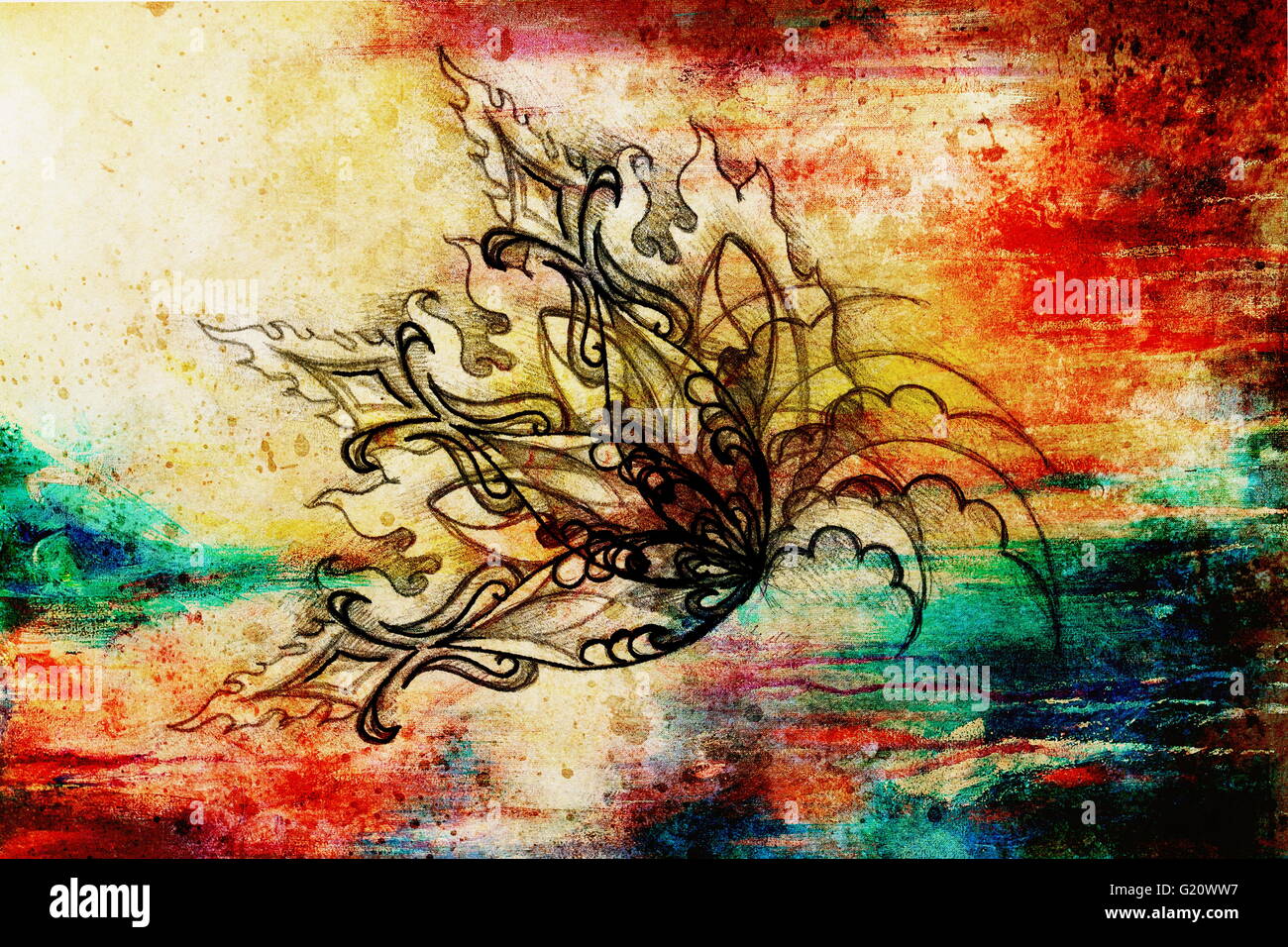 ornamental filigran drawing on paper with flower and flame structure ...