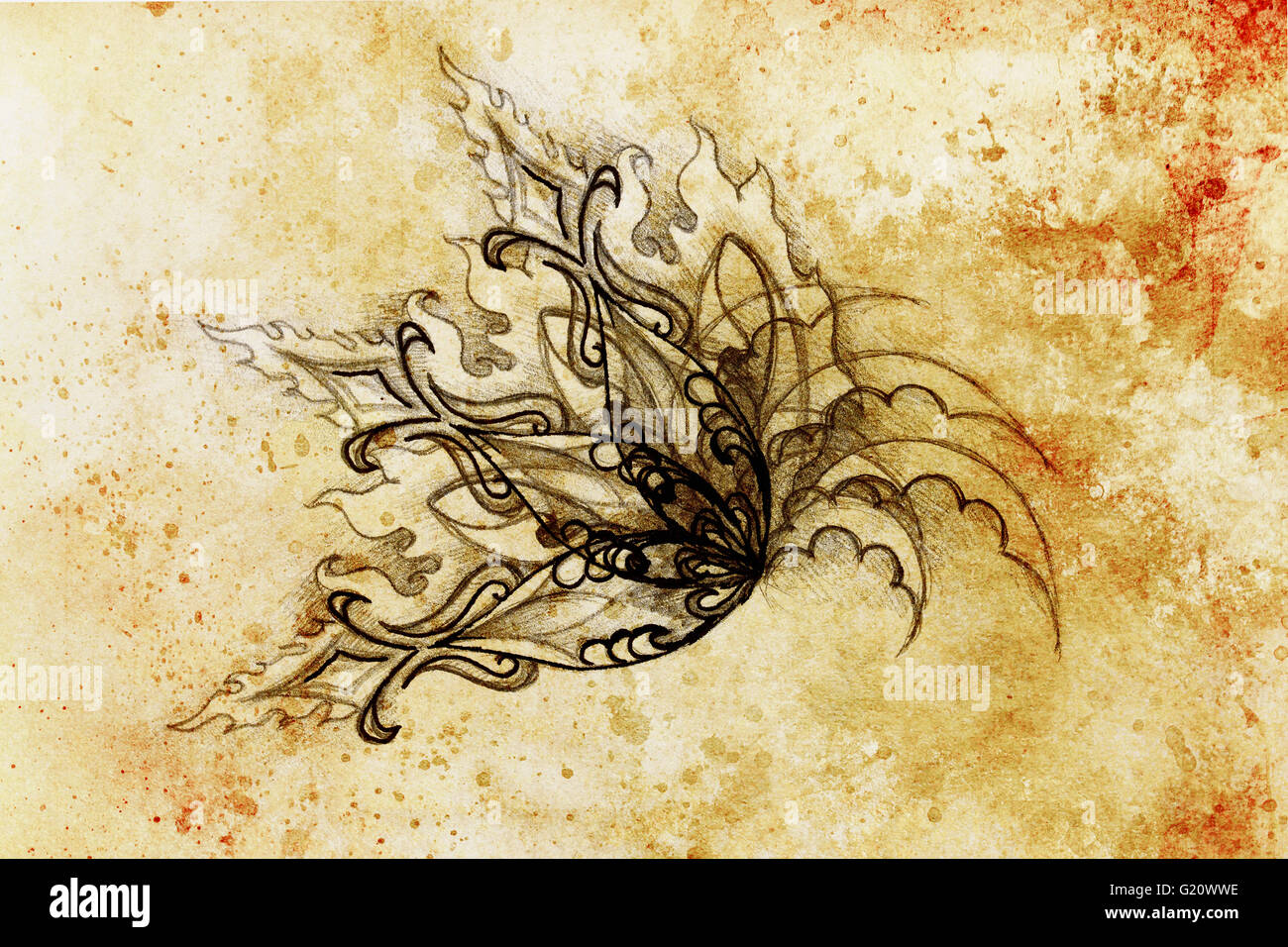 ornamental filigran drawing on paper with flower and flame structure ...
