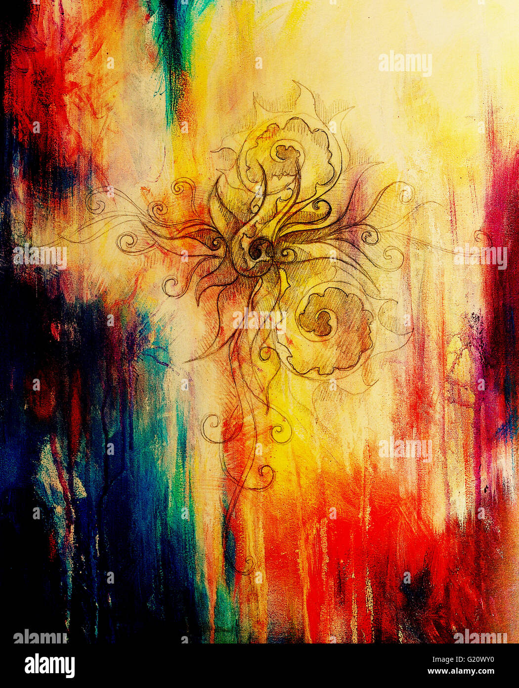 ornamental filigran drawing on paper with flower and flame structure ...