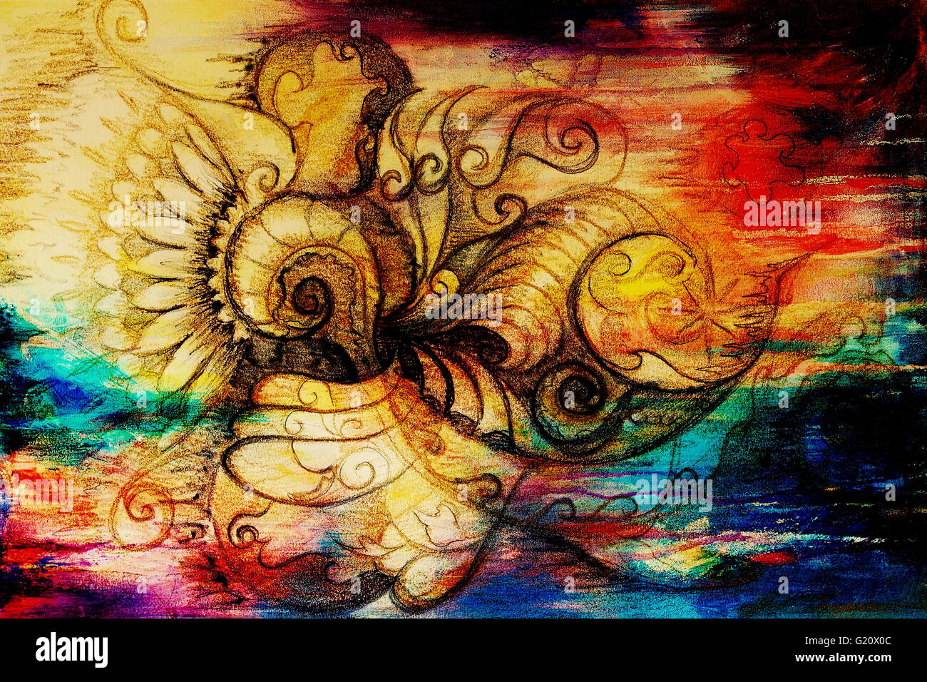 ornamental filigran drawing on paper with spirals, flower petals and ...