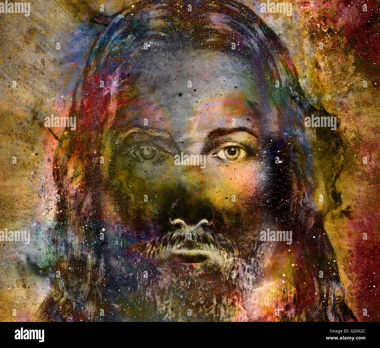 Jesus Christ painting with radiant colorful energy of light, eye ...