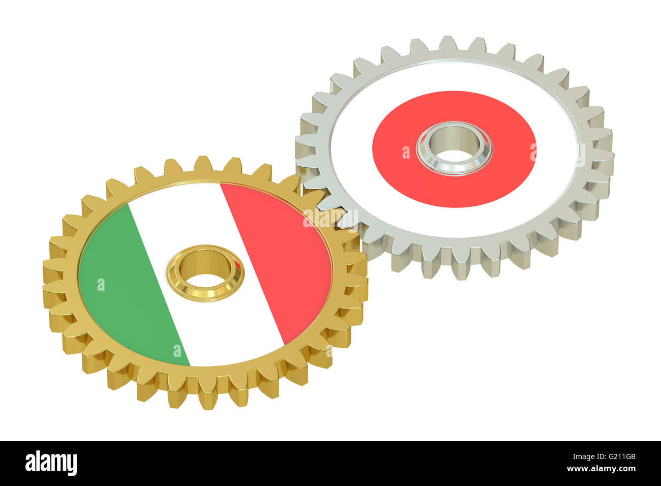 Italian and Japanese flags on a gears, 3D rendering isolated on white ...