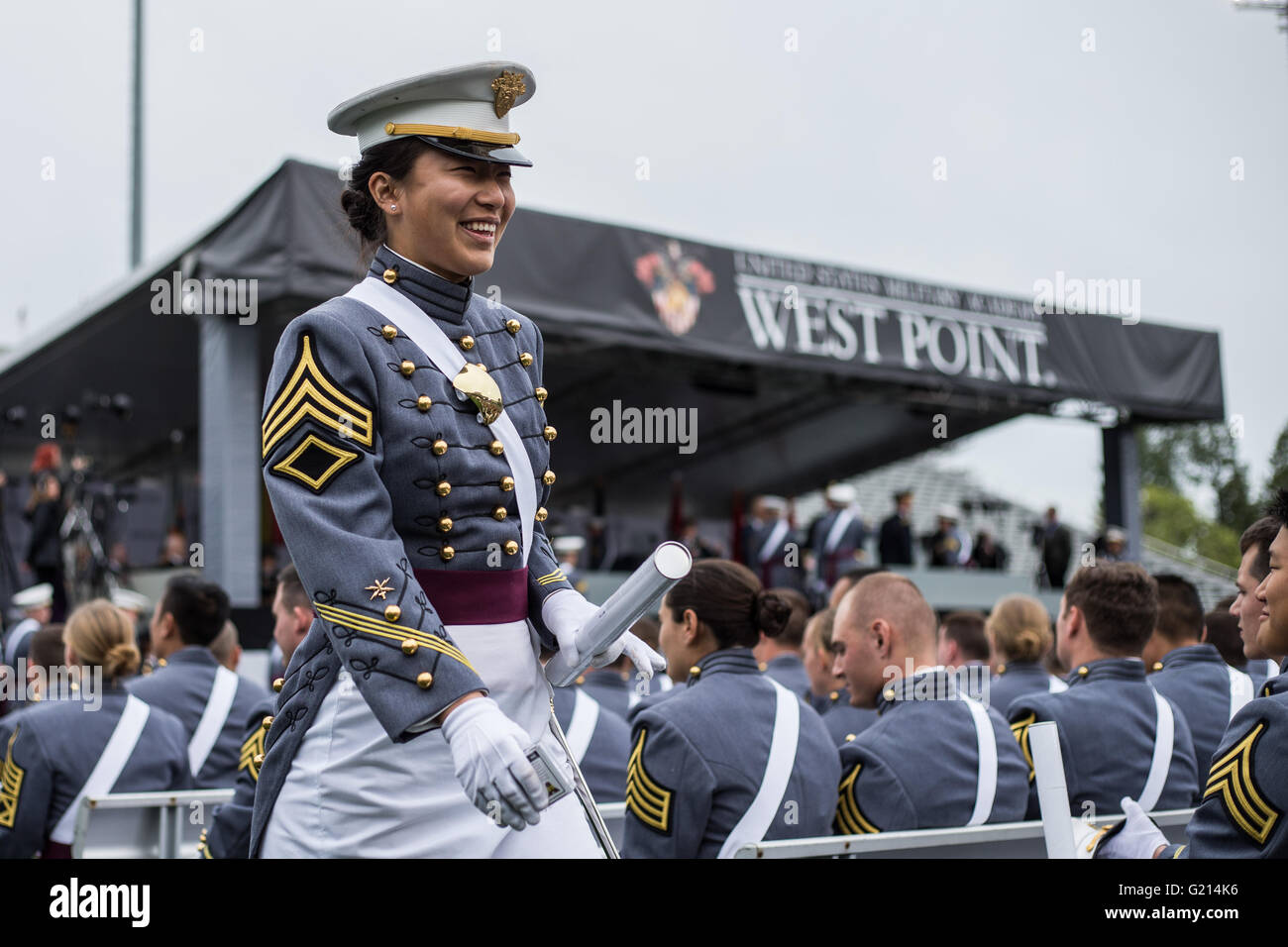 West Point, USA. 21st May, 2016. A graduating cadet reacts after ...