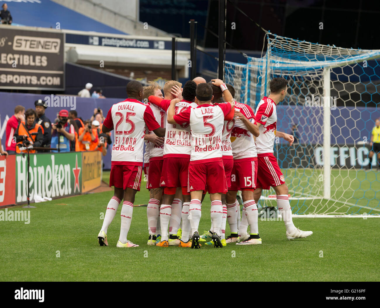 New York, USA. 21st May, 2016. Red Bulls team celebrates goal by ...