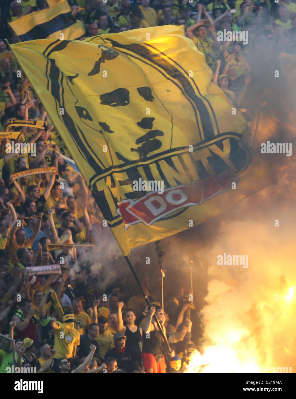 Berlin, Germany. 21st May, 2016. Flares lit on viewing stands of ...