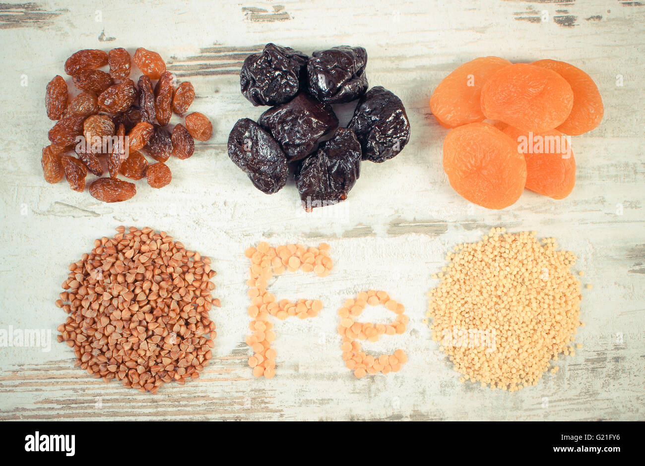 Vintage photo, Inscription Fe, ingredients containing iron and dietary ...