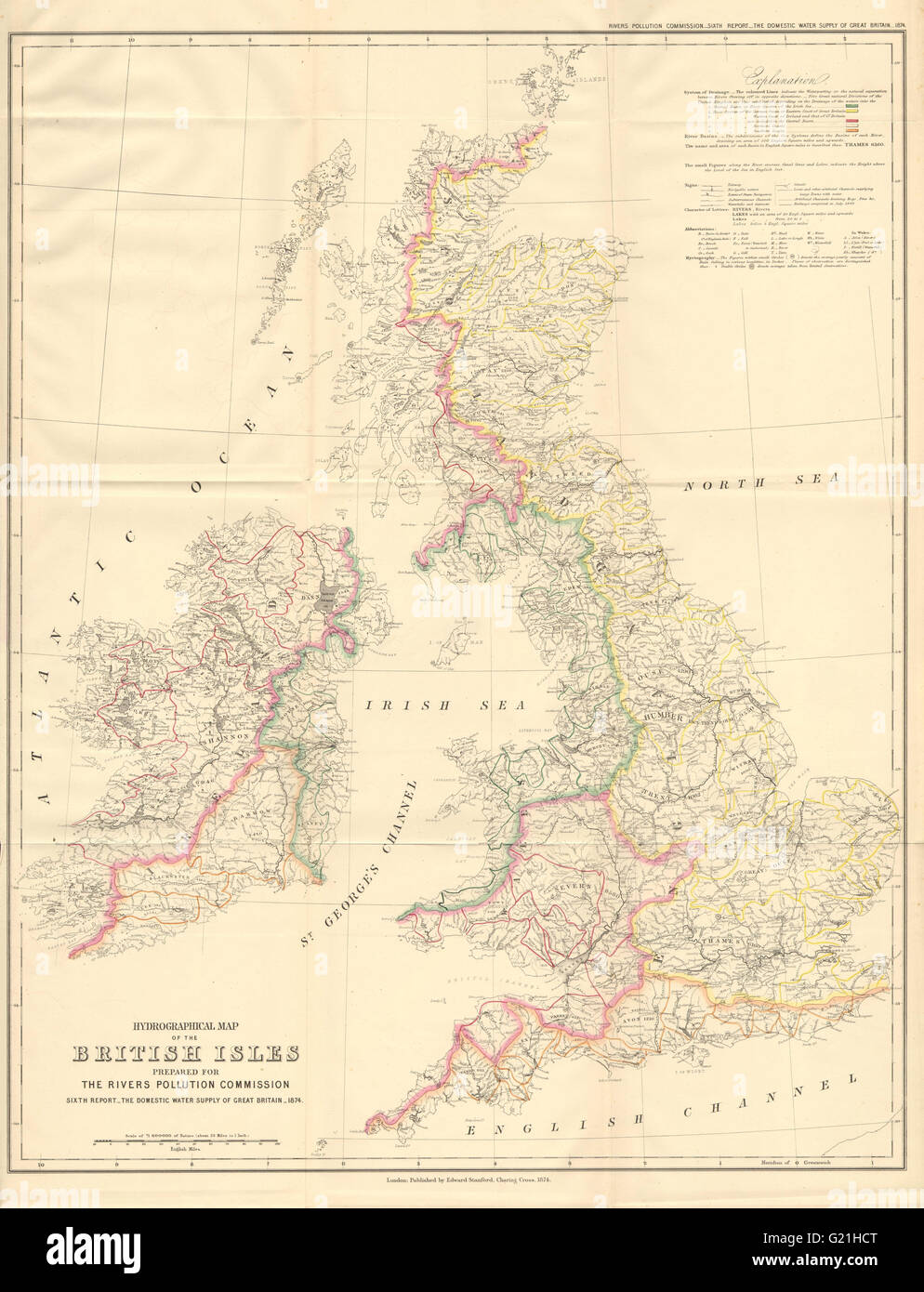 British Isles Hydrographical map. Drainage basins/watersheds. STANFORD ...