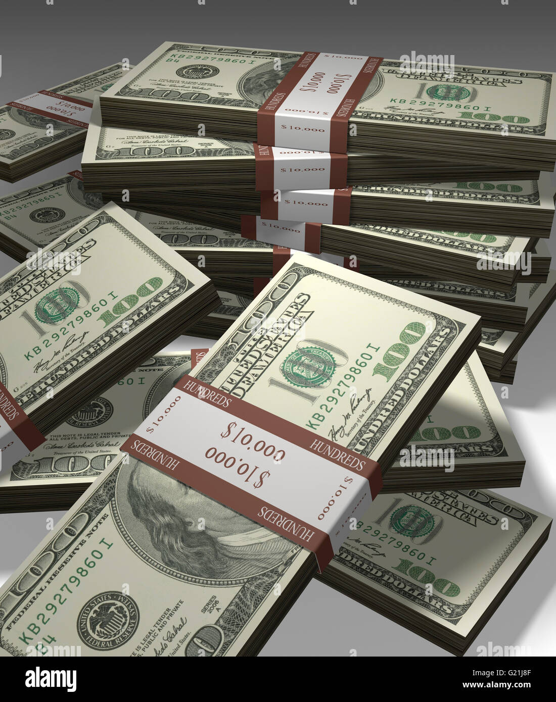 Bundled hundred dollar bills, money stacks, computer graphics Stock ...