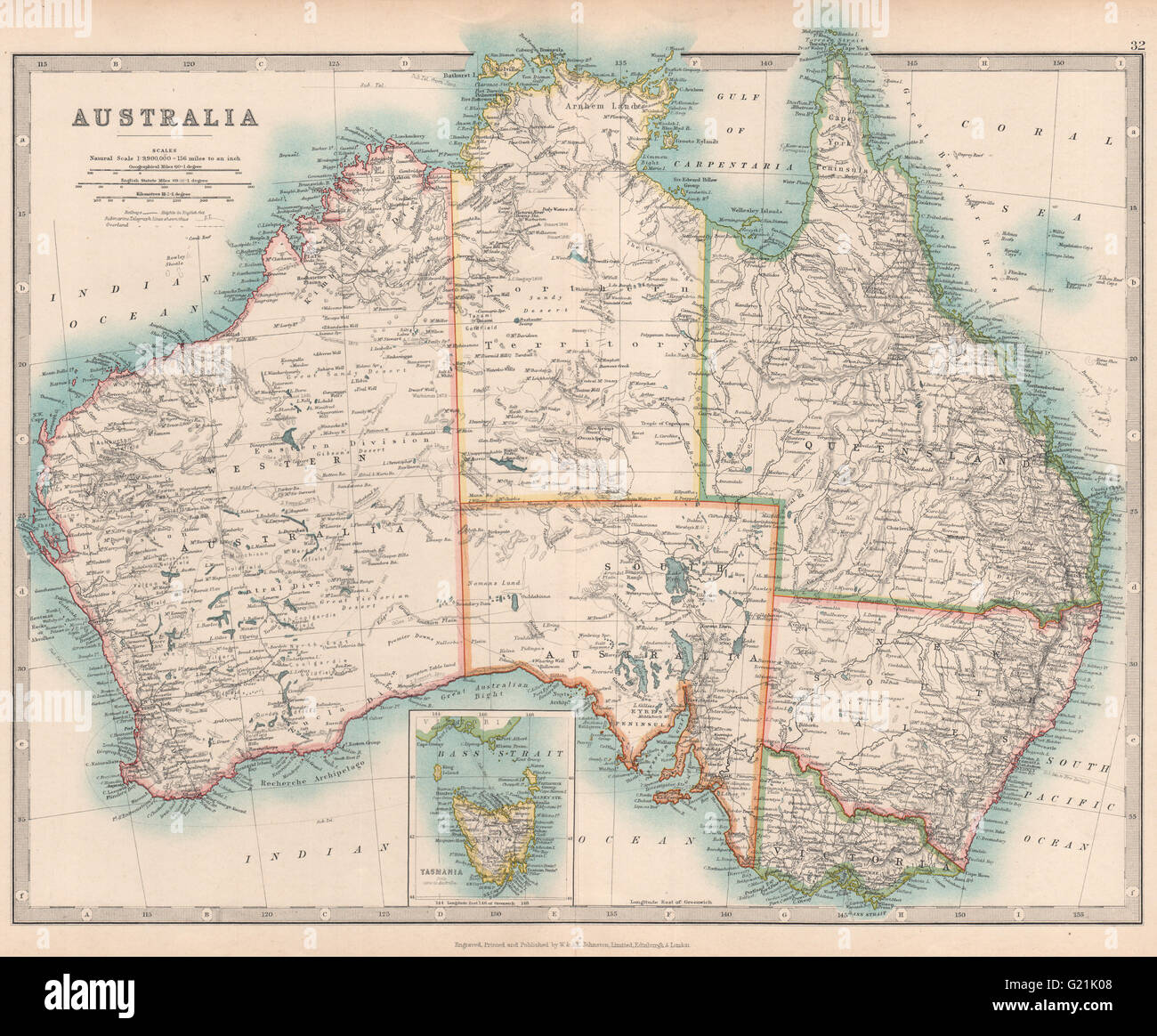 AUSTRALIA showing explorers' routes & goldfields. JOHNSTON, 1912 ...