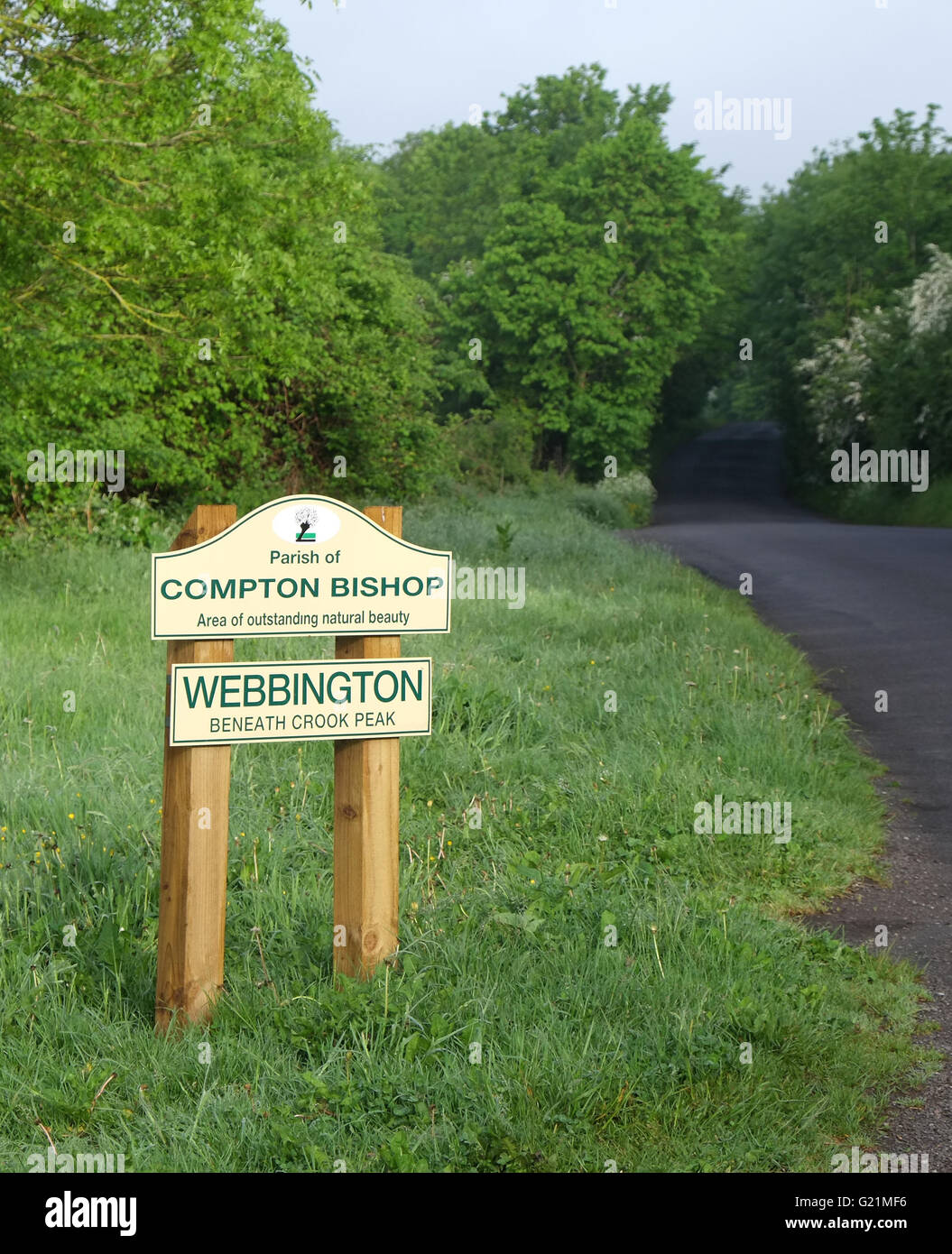Parish welcome sign for Compton Bishop and Webbington in Somerset. May ...