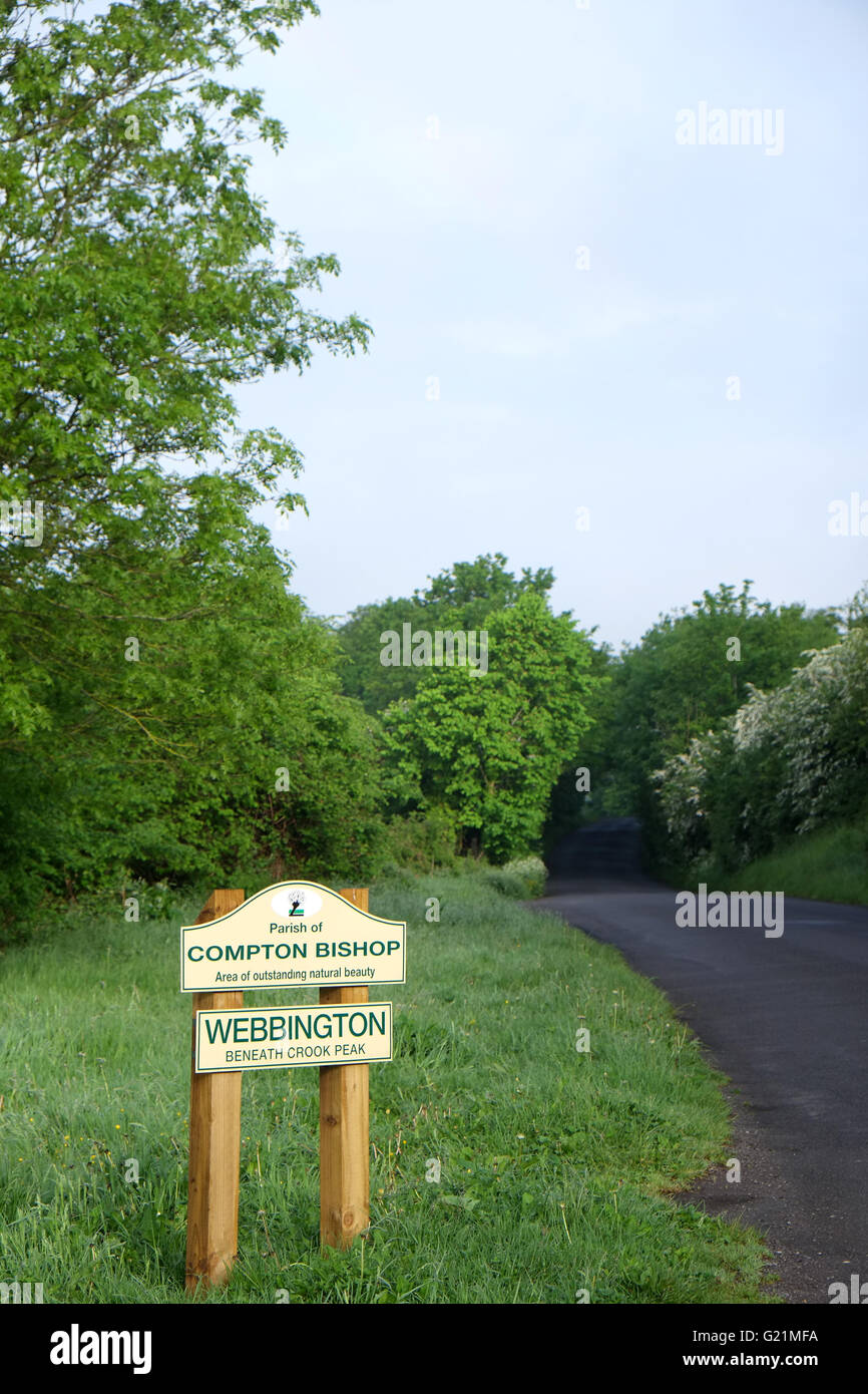 Parish welcome sign for Compton Bishop and Webbington in Somerset. May ...