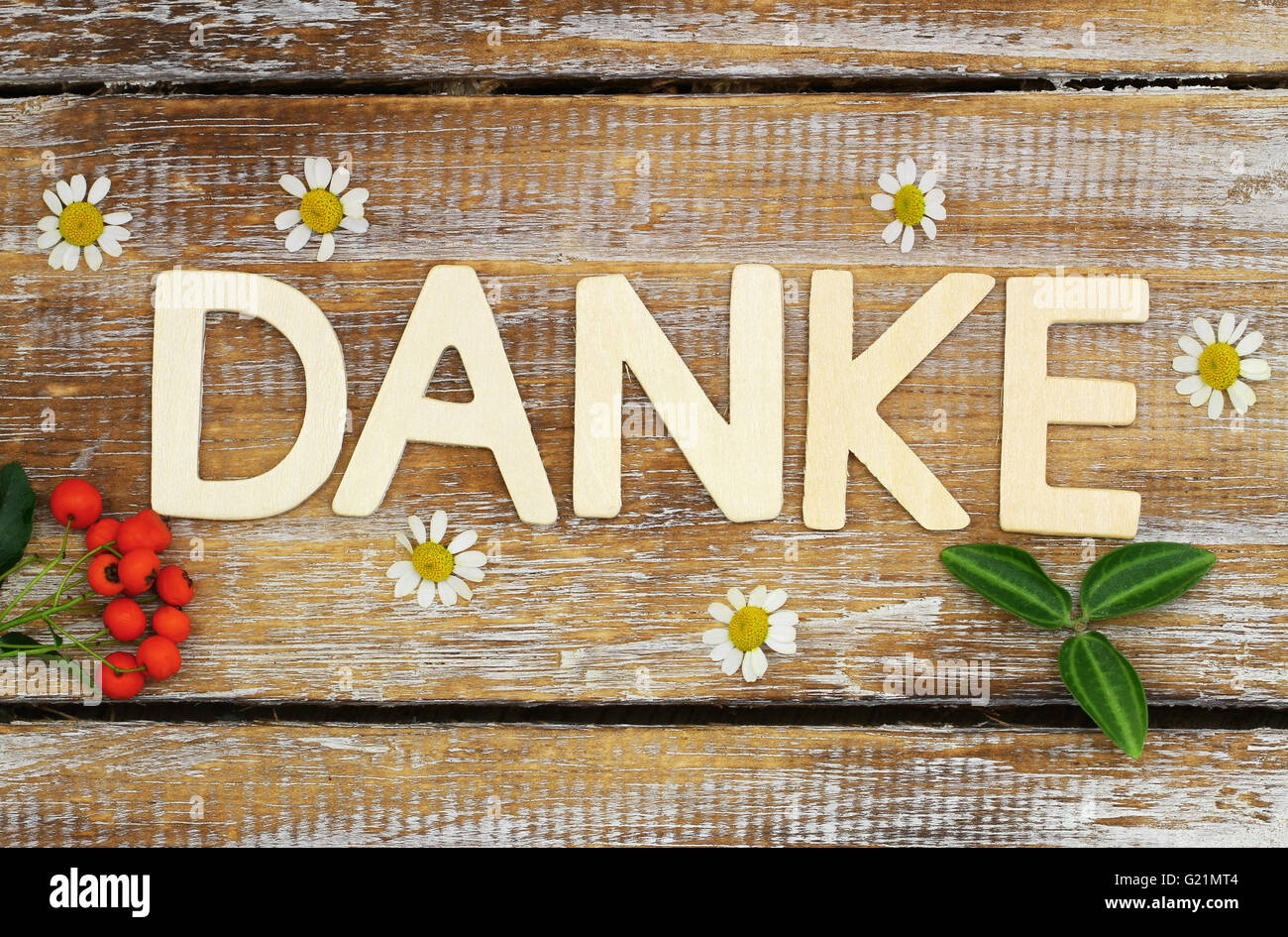 Danke (which means thank you in German) written with woodens on rustic ...