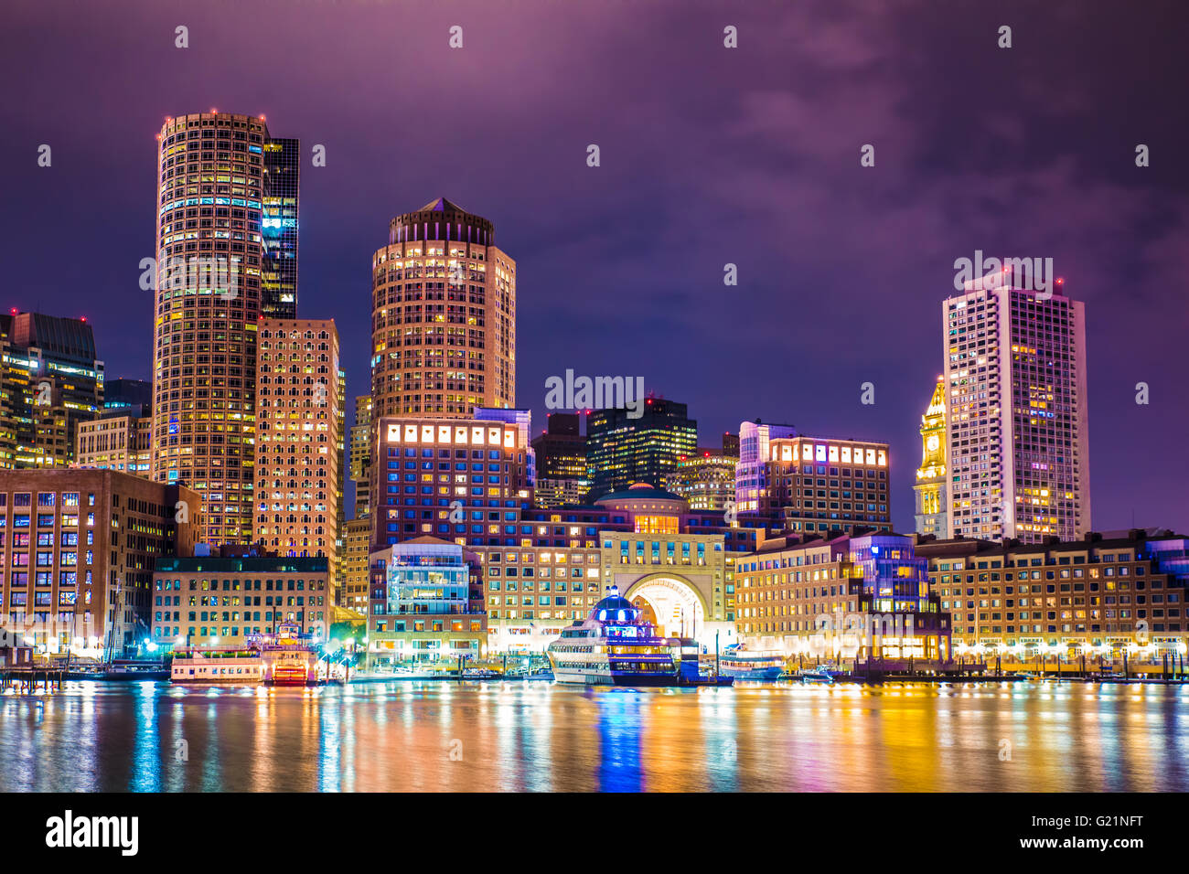 Beautiful view of Boston Massachusetts skyline lit up at night across ...