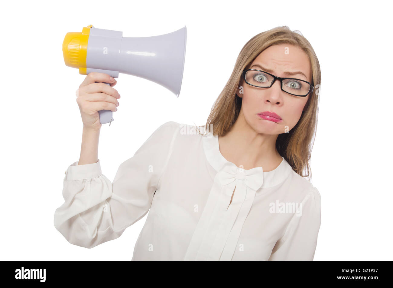 Woman with loudspeaker isolated on white Stock Photo - Alamy