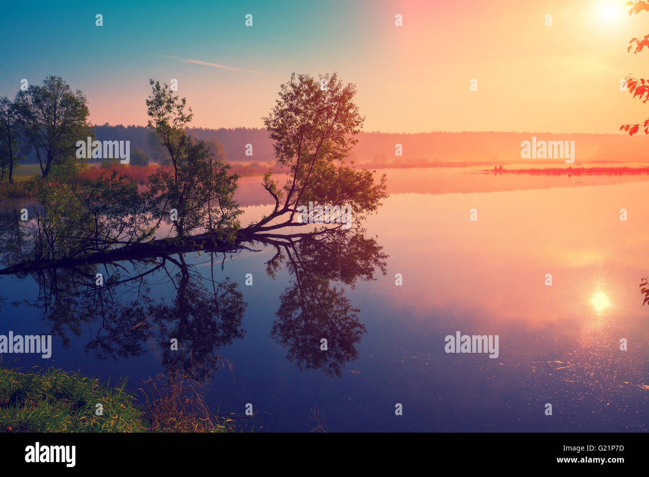 Rural landscape. Misty morning. Sunrise over lake Stock Photo - Alamy