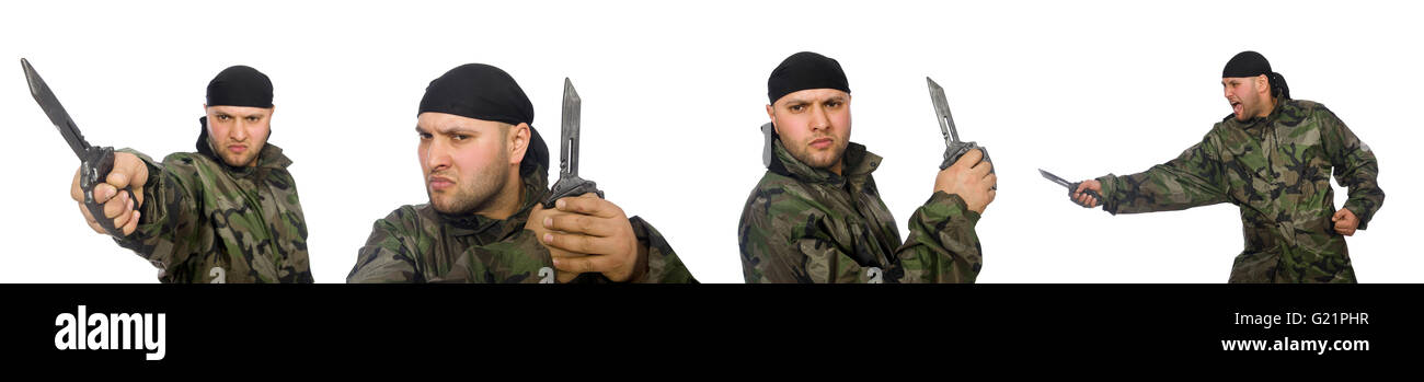 Young man in soldier uniform holding knife isolated on white Stock ...