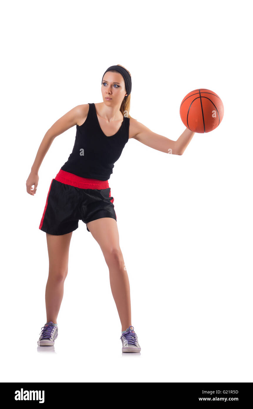 Woman playing basketball isolated on white Stock Photo - Alamy
