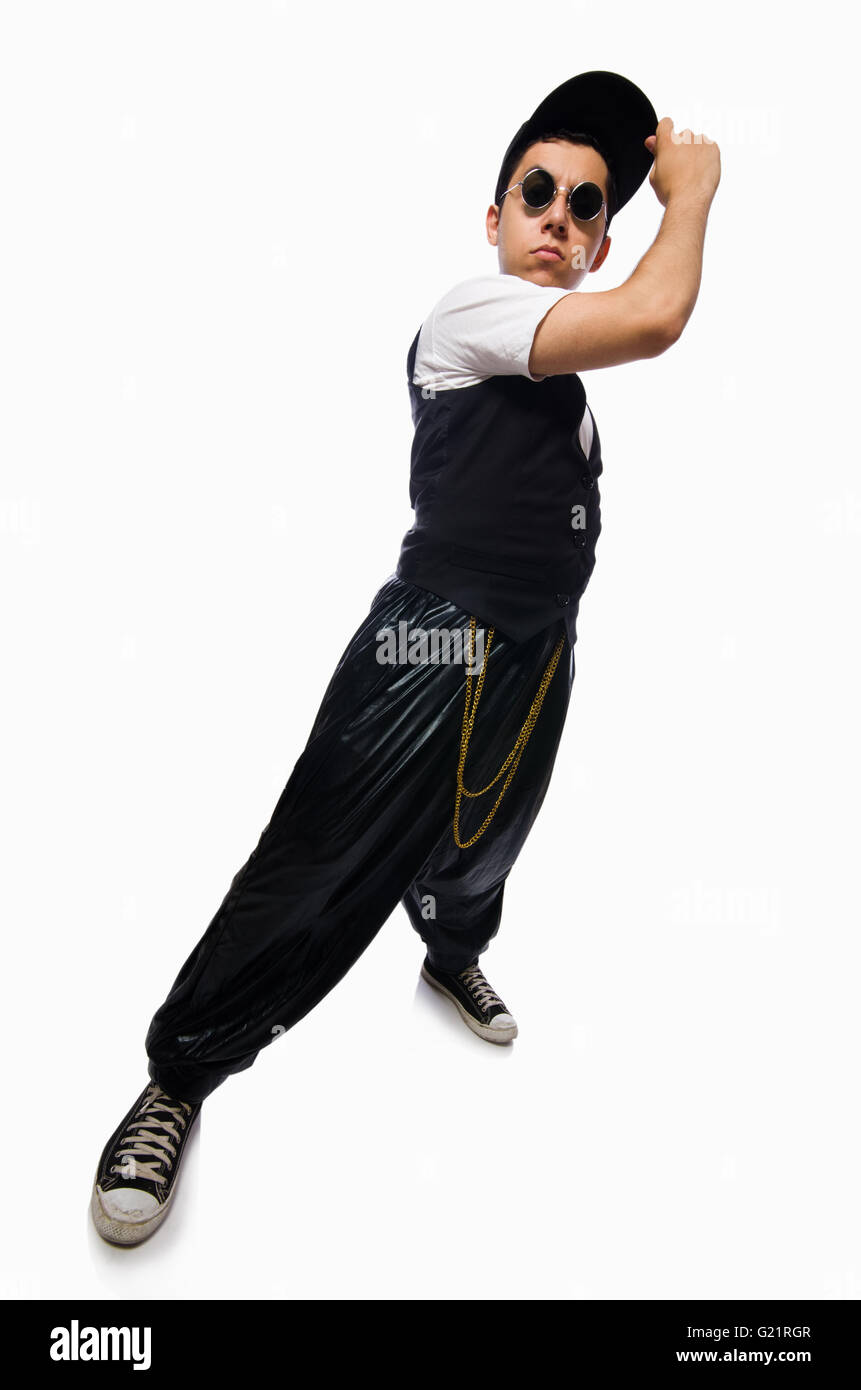 Funny young man dancing isolated on white Stock Photo - Alamy