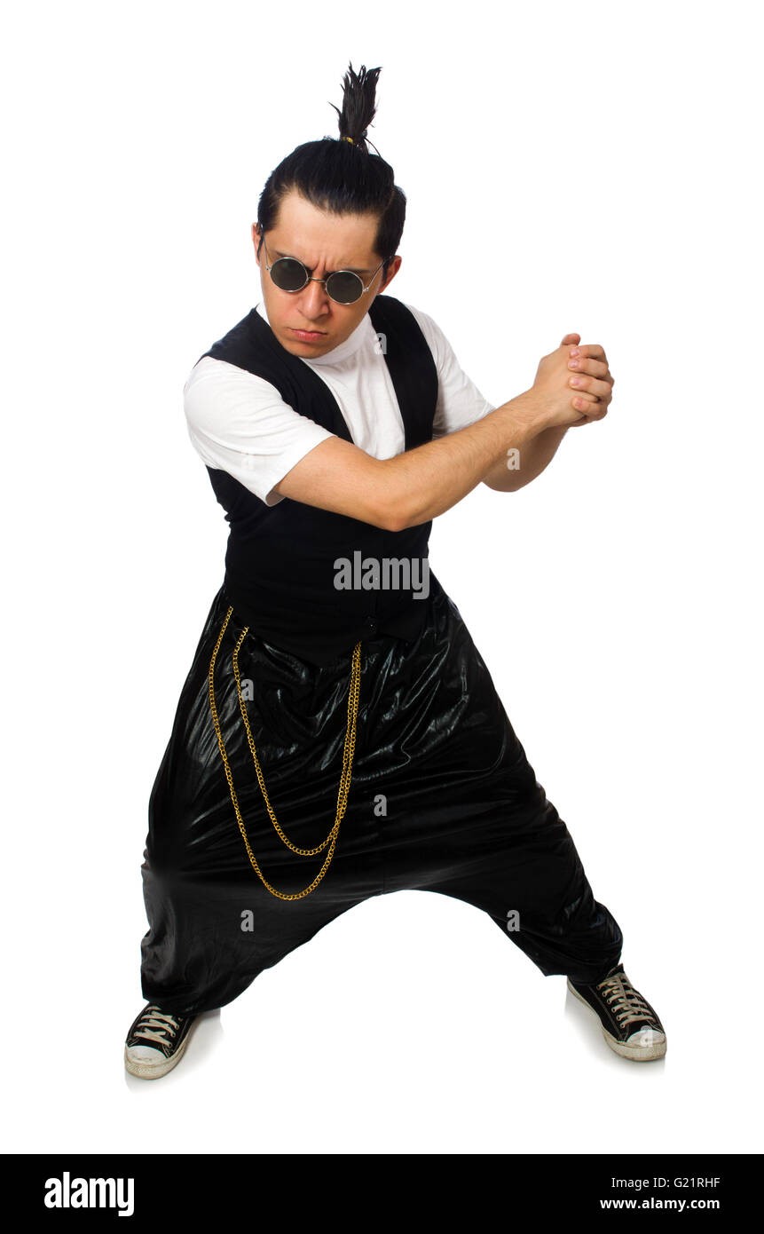 Funny young man dancing isolated on white Stock Photo - Alamy