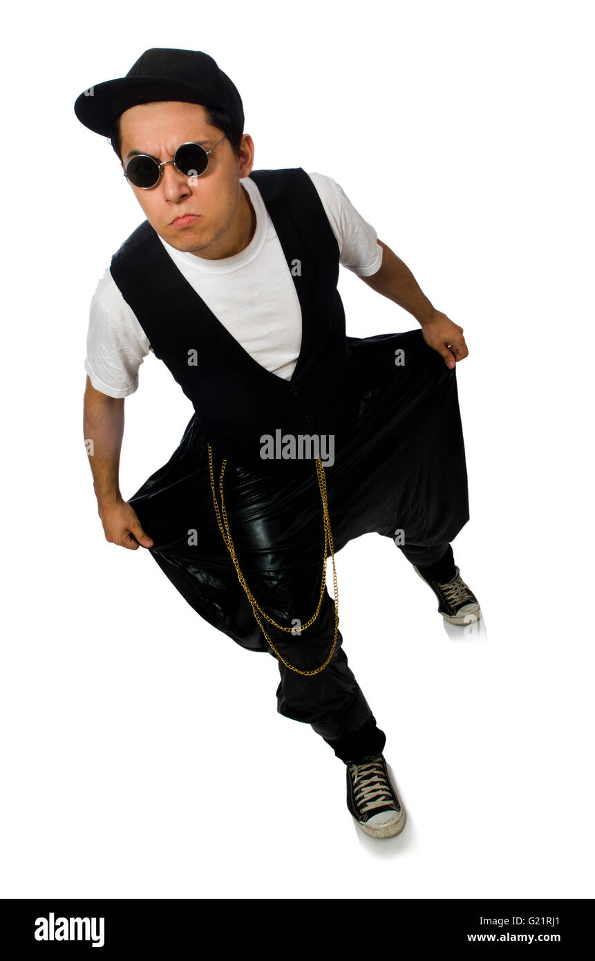 Funny young man dancing isolated on white Stock Photo - Alamy