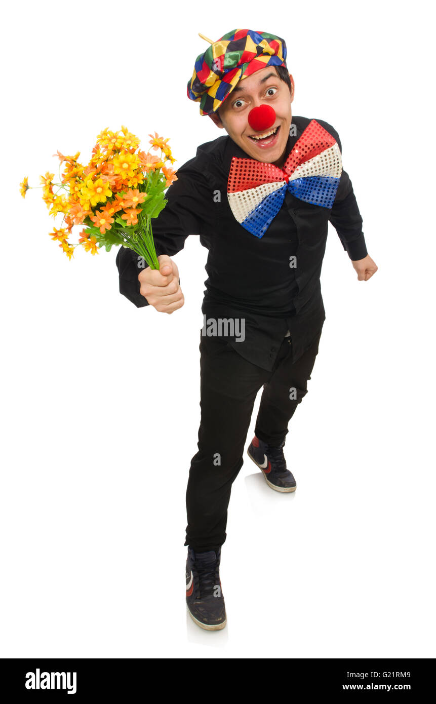 Funny clown with flowers isolated on white Stock Photo - Alamy
