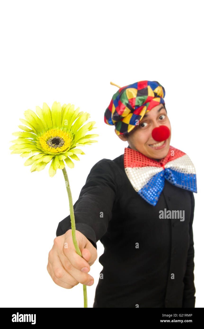 Funny clown with flowers isolated on white Stock Photo - Alamy