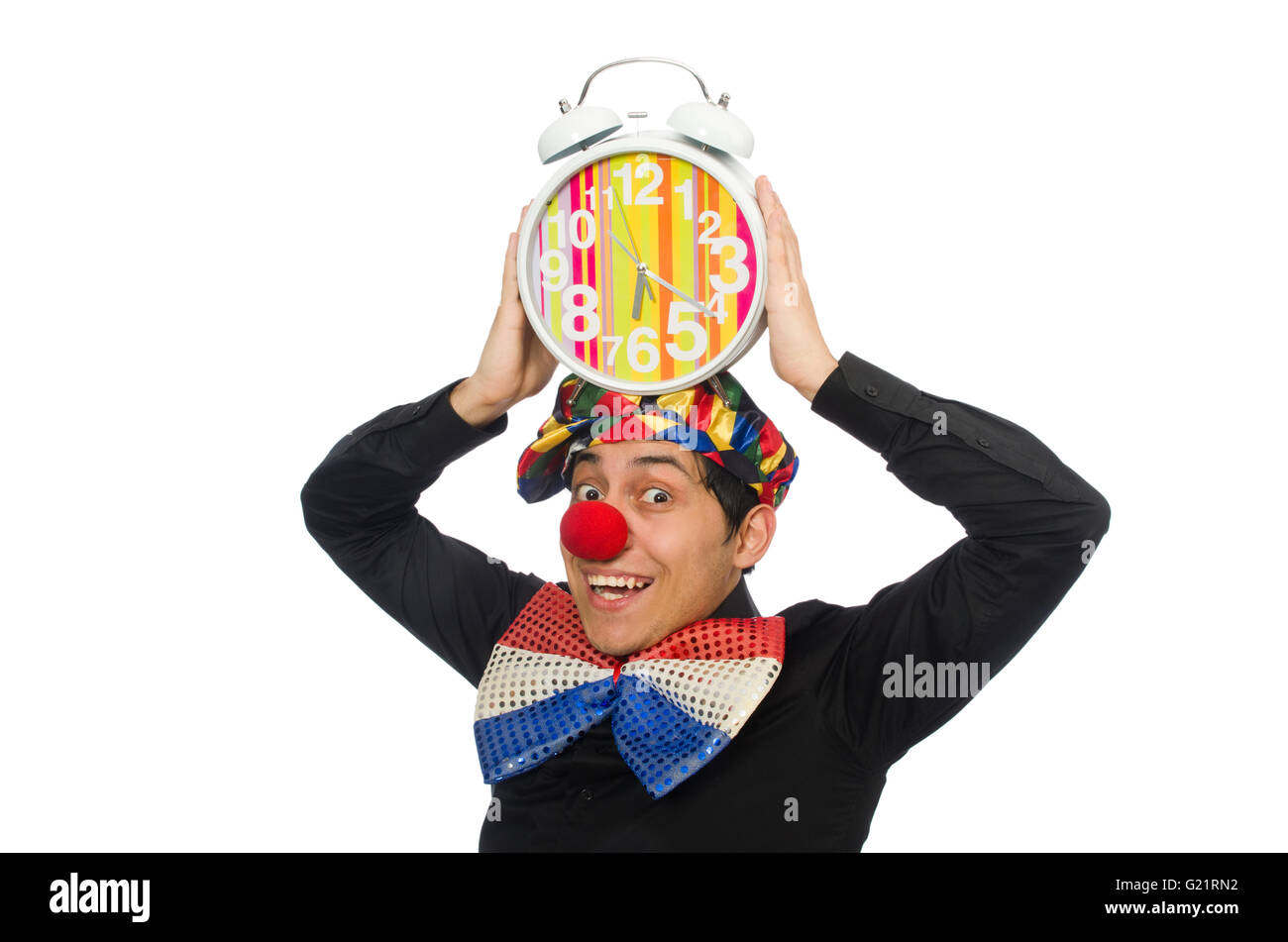 Funny clown with clock isolated on white Stock Photo - Alamy