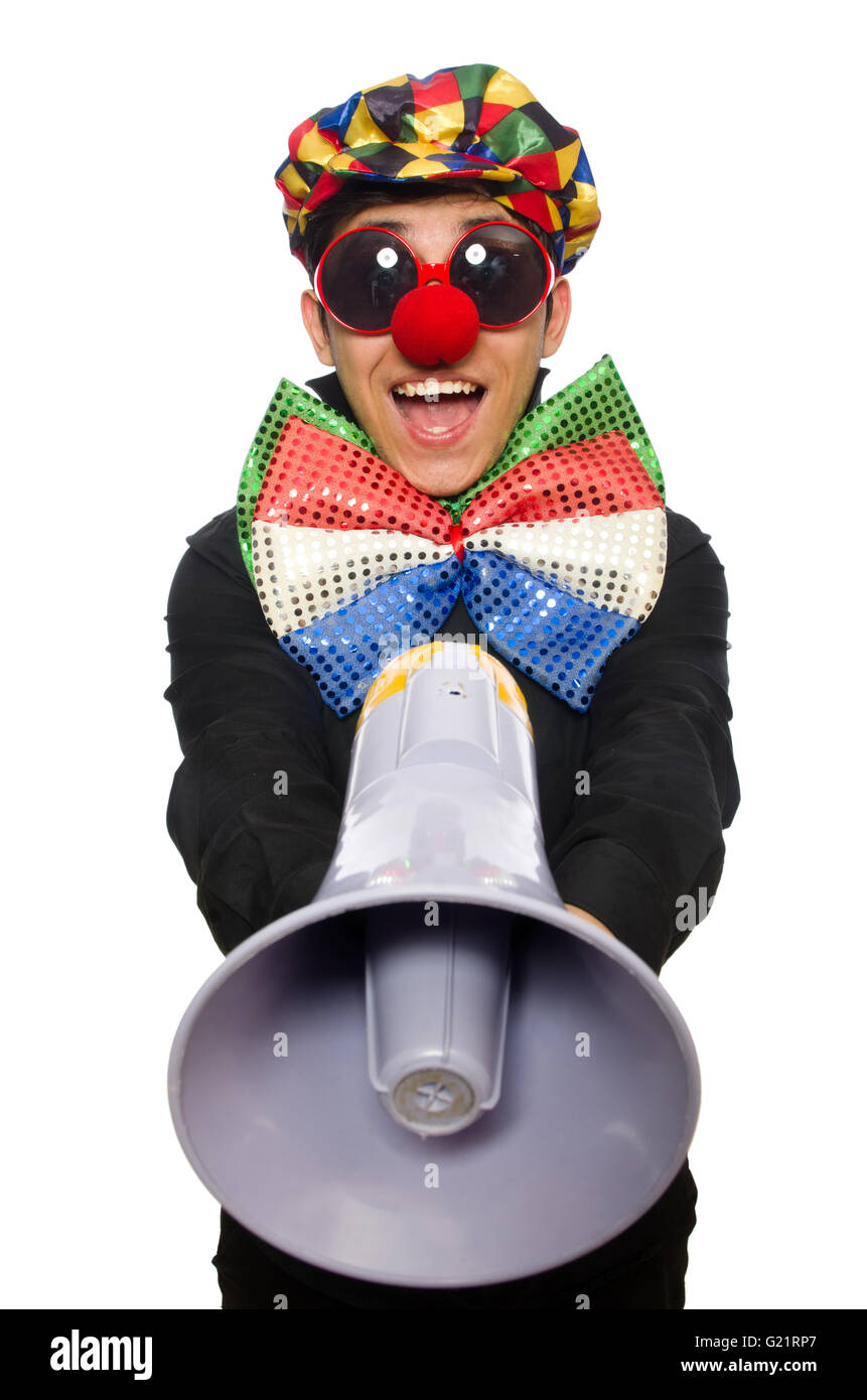 Clown with loudspeaker isolated on white Stock Photo - Alamy