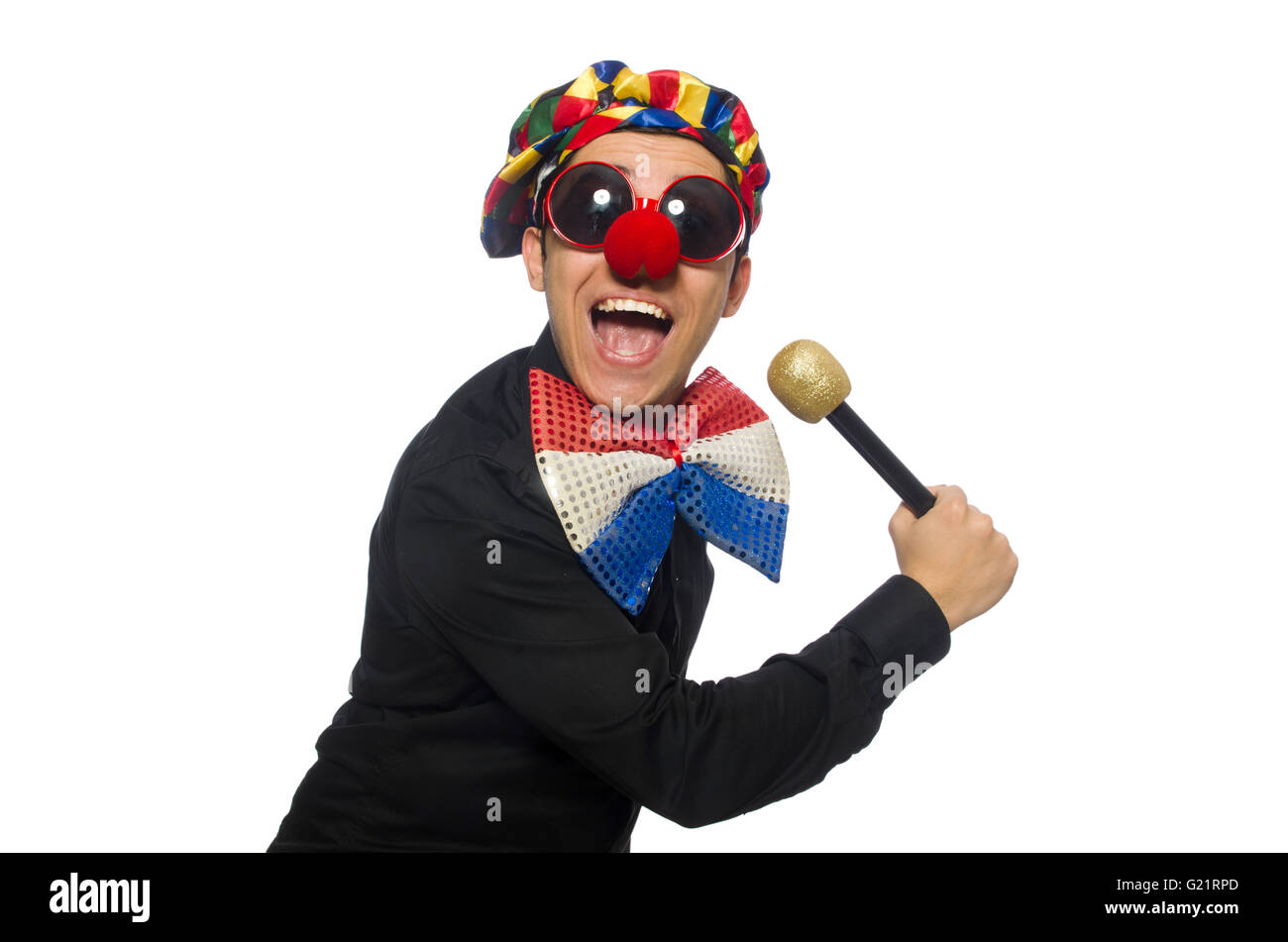 Clown with microphone isolated on white Stock Photo - Alamy