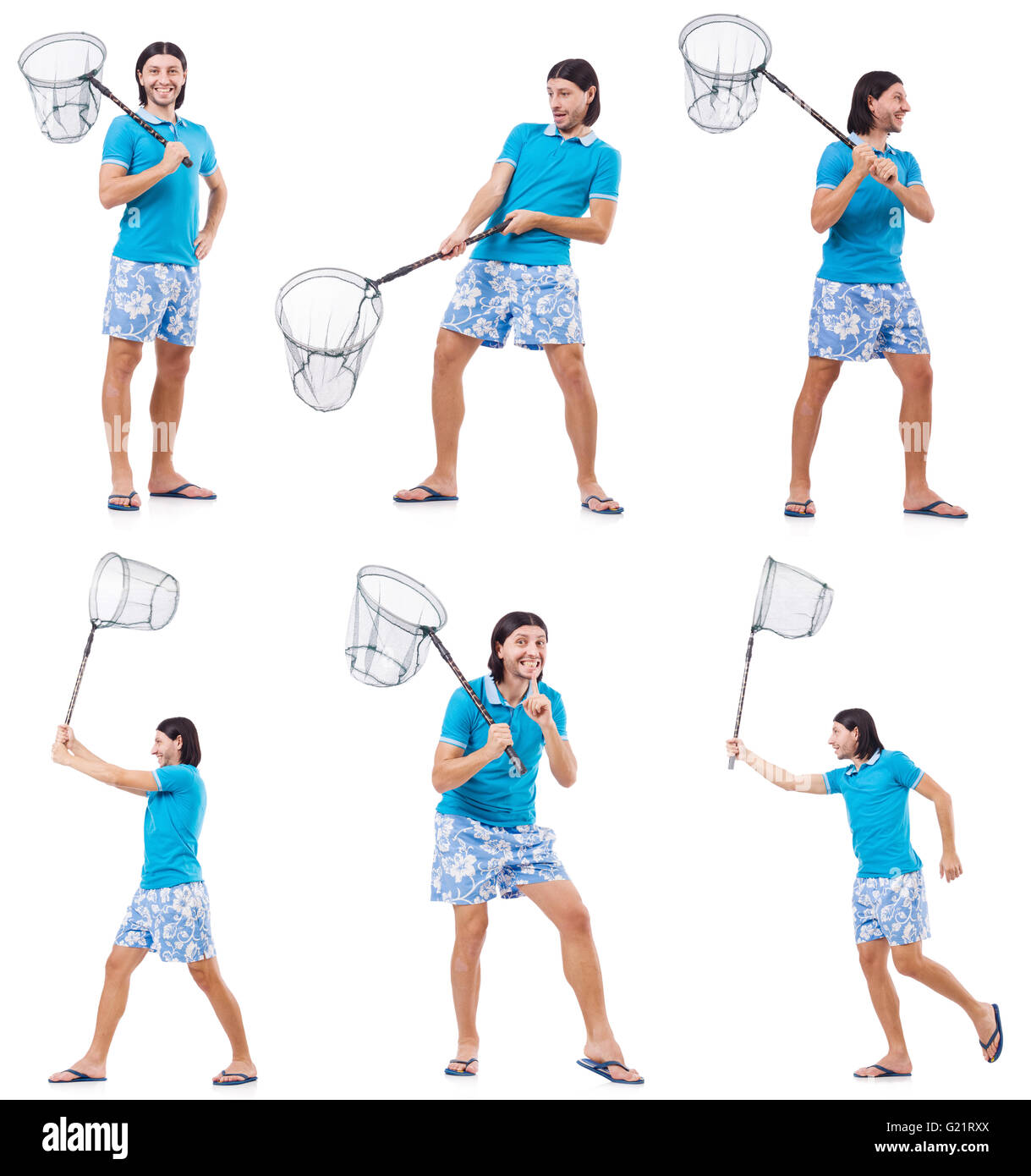 Man with big catching net isolated on white Stock Photo - Alamy