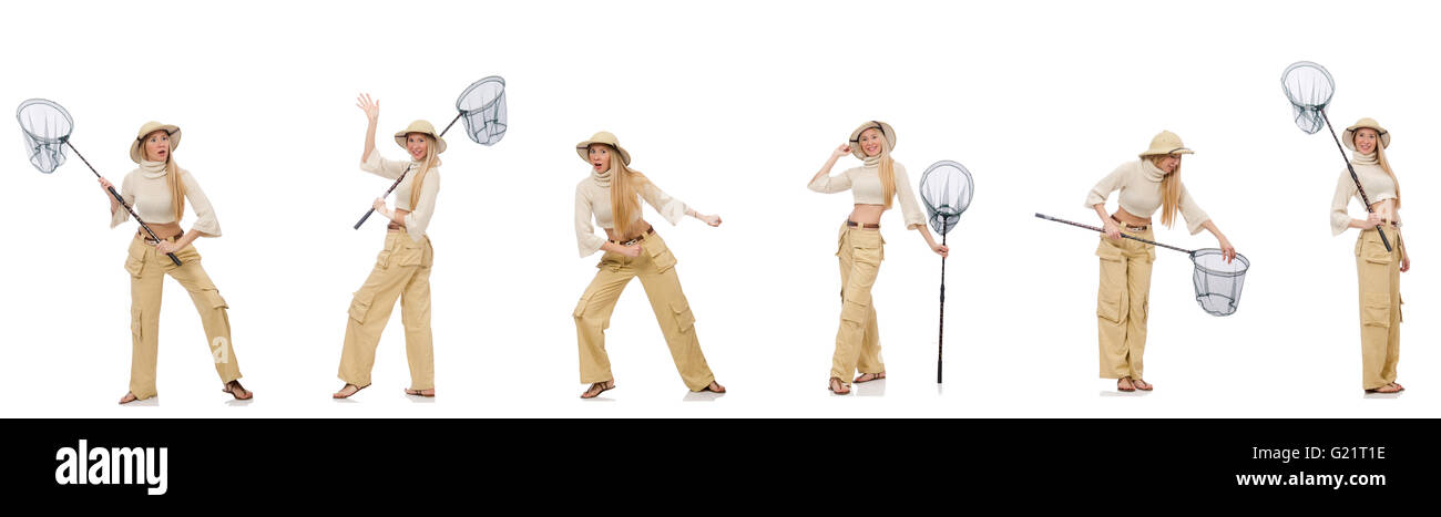 Woman with catching net on white Stock Photo - Alamy