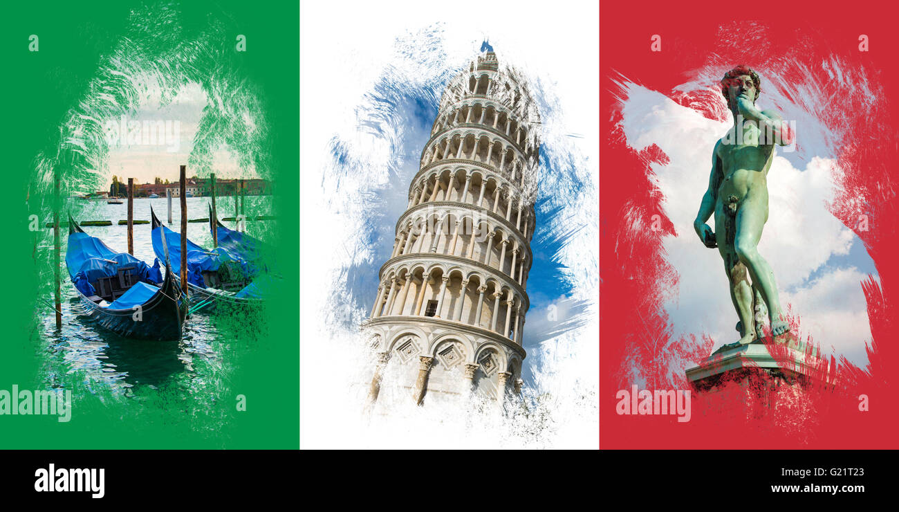 Italian flag with famous italian attractions Stock Photo - Alamy