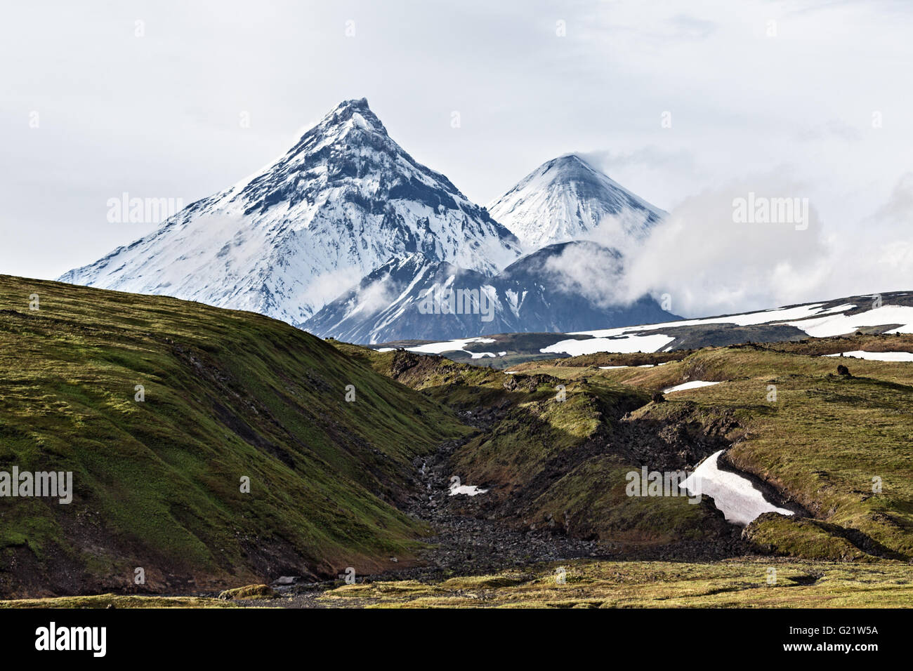 Volcanic landscape of Kamchatka: Kamen Volcano, active Klyuchevskoy ...