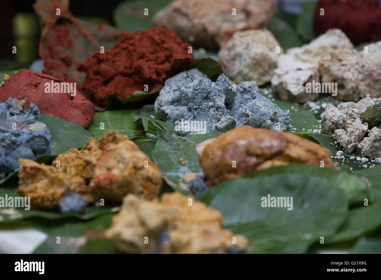 Various types of coloured mud used during the Mudpack Festival held at ...