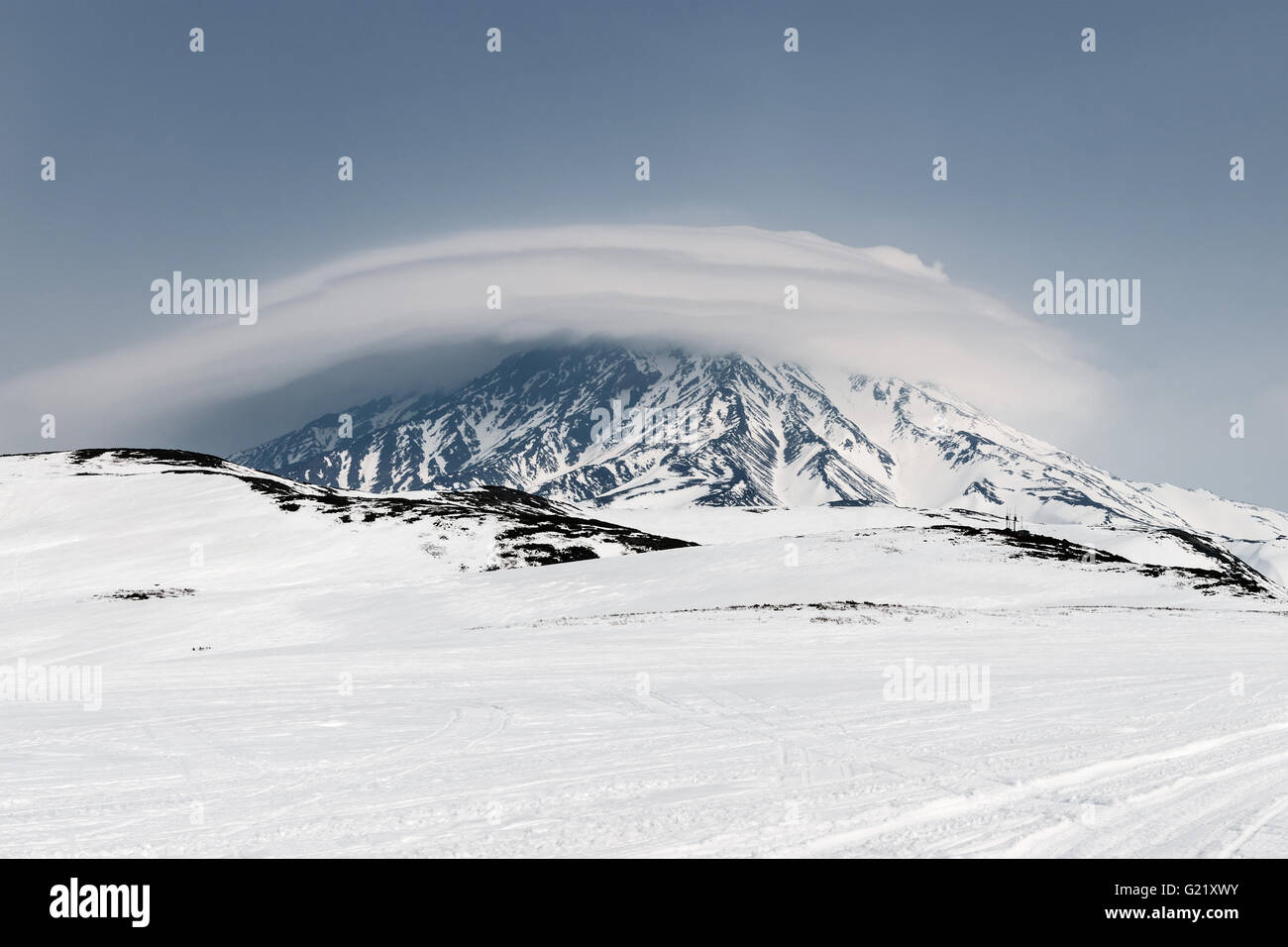 Wintry mountain landscape of Kamchatka: view of active Koryak Volcano ...