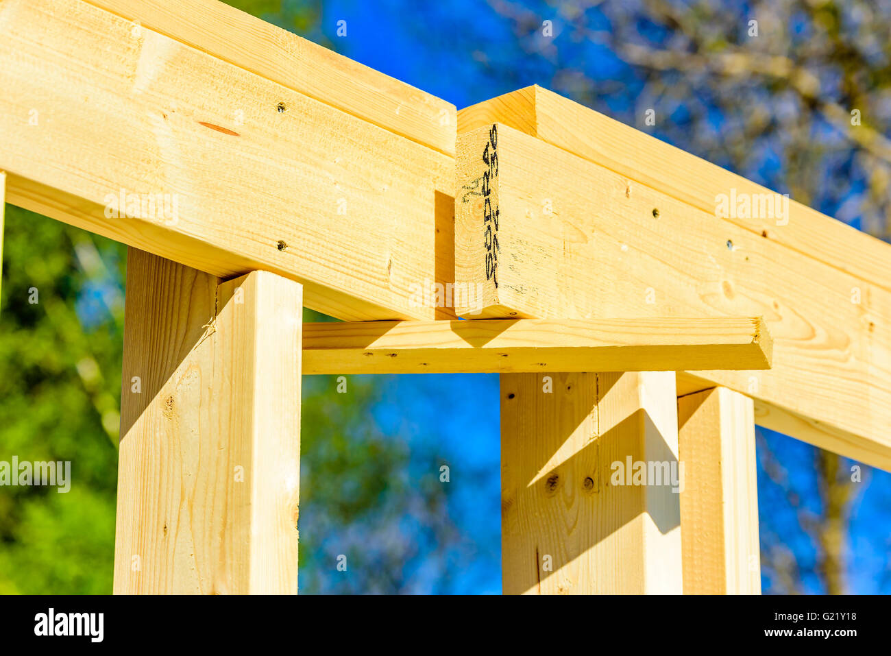 Ronneby, Sweden - May 9, 2016: Construction of a house. Studs are up ...