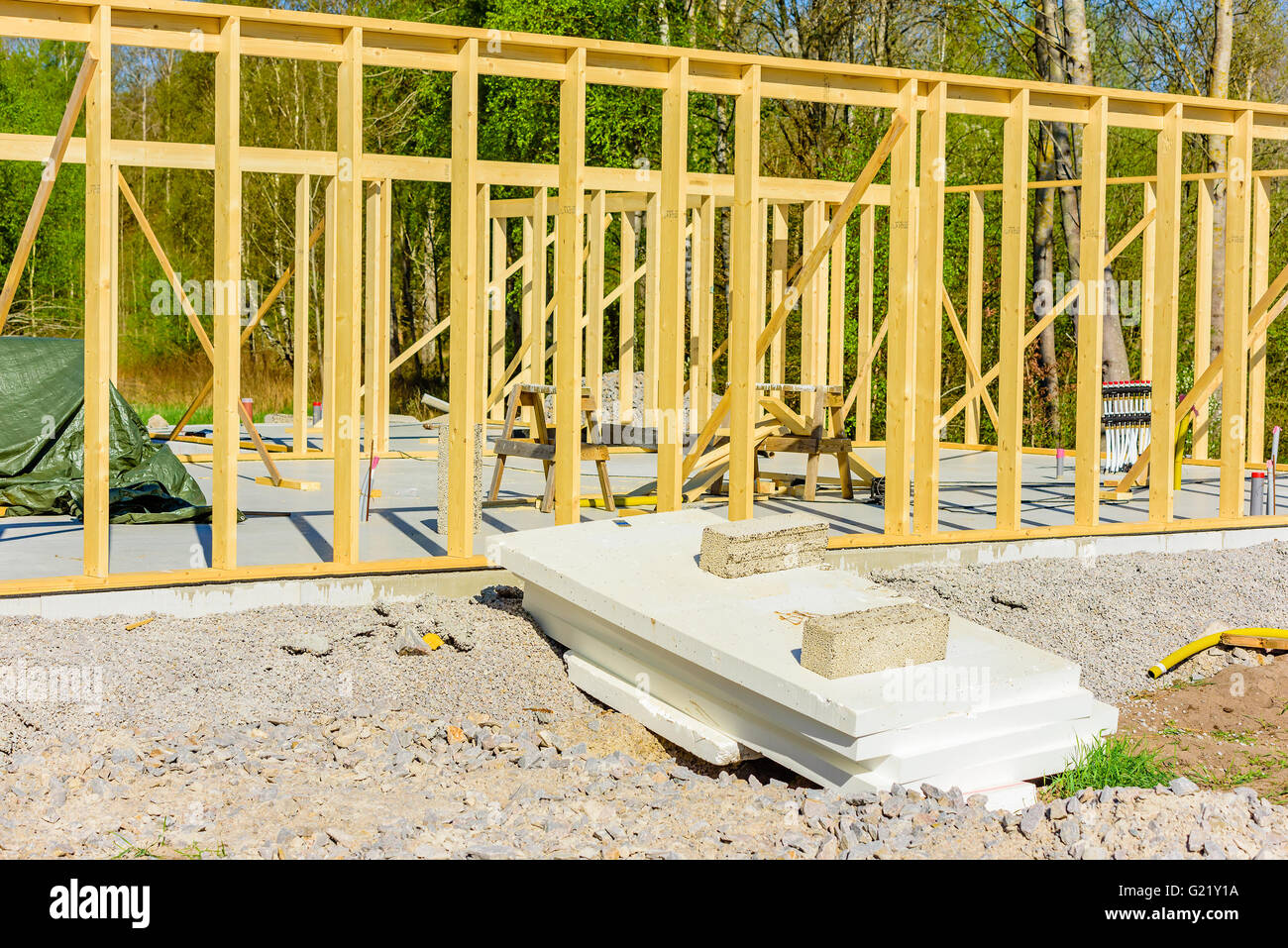 Ronneby, Sweden - May 9, 2016: Construction of a house. Studs are up ...
