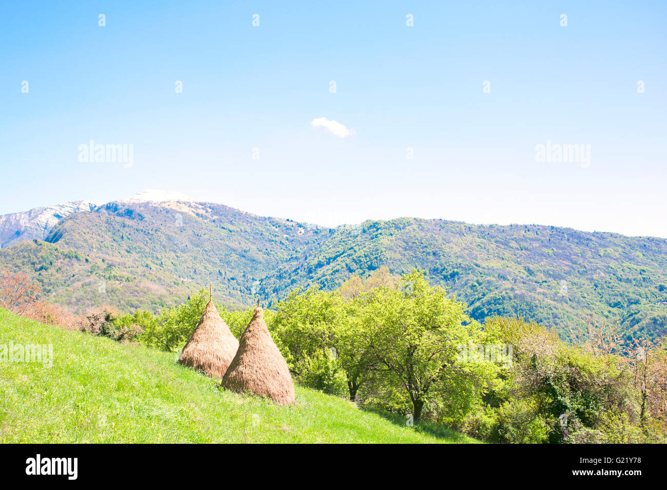 Rural landscape. Traditional haystack of mountain villages in Italian ...